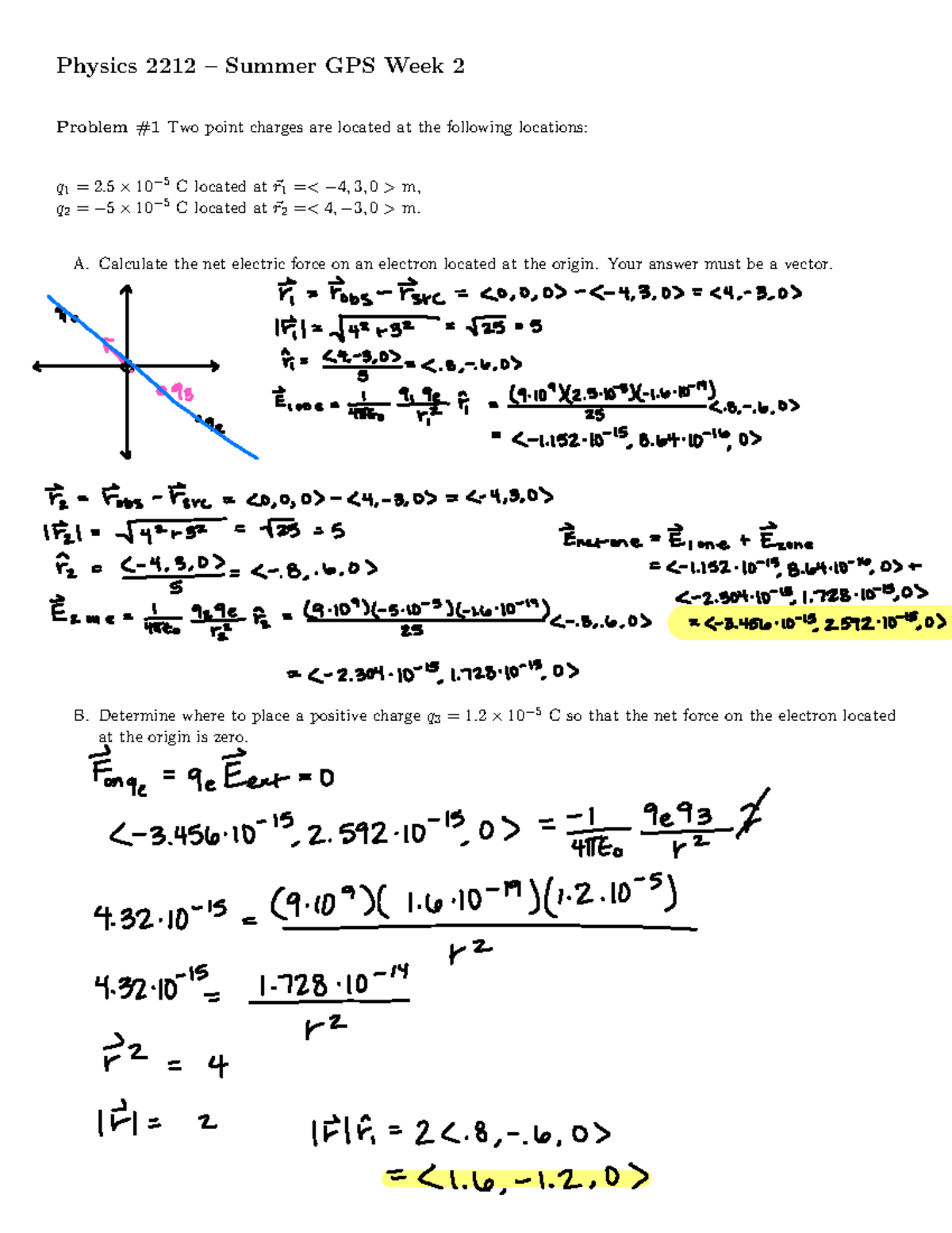 Week 2 - Physics 2212 – Summer GPS Week 2 Problem #1 Two point charges are located at the ...