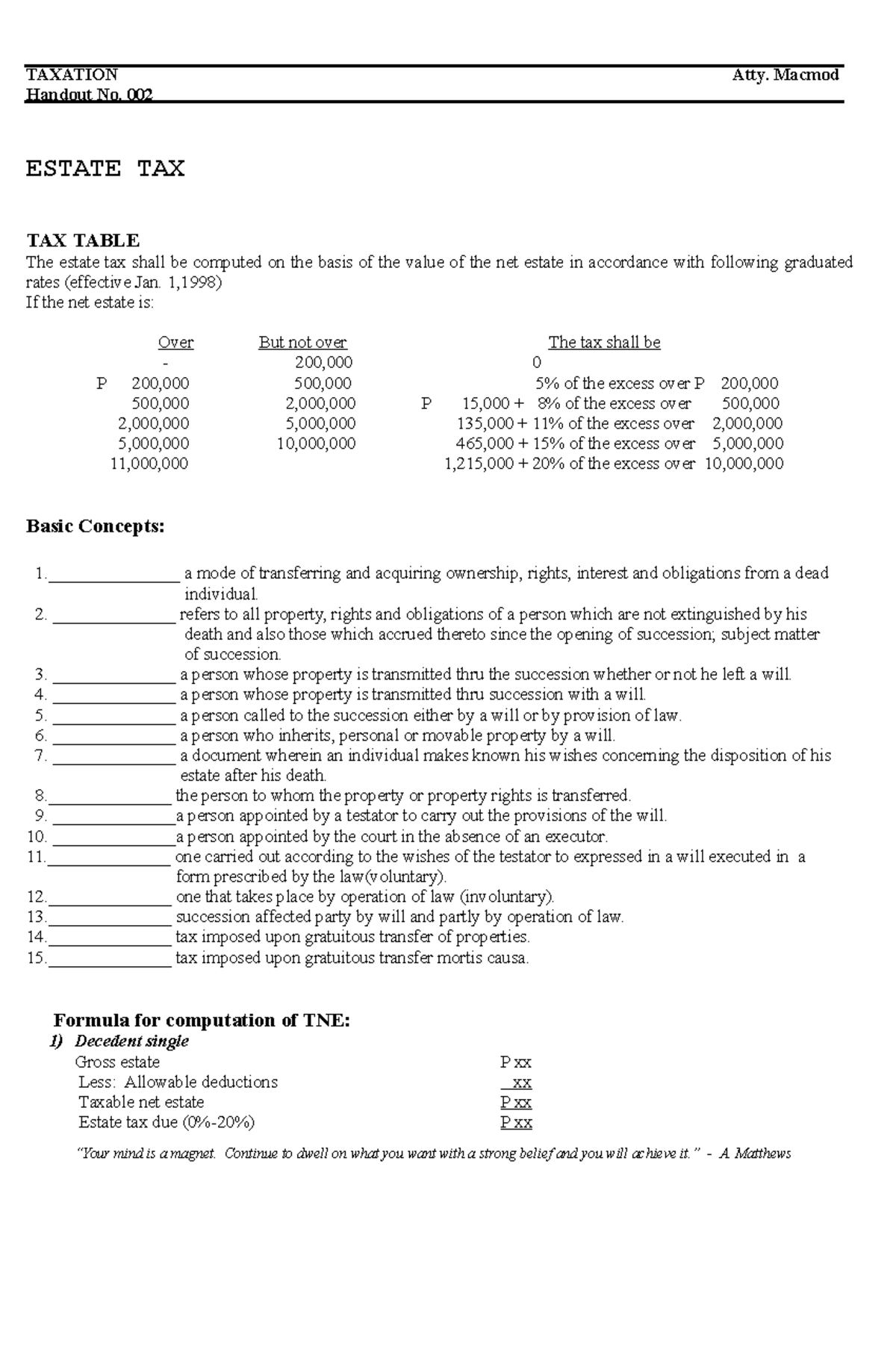 Pdfcoffee - Estate tax - TAXATION Atty. Macmod Handout No. 002 ESTATE ...