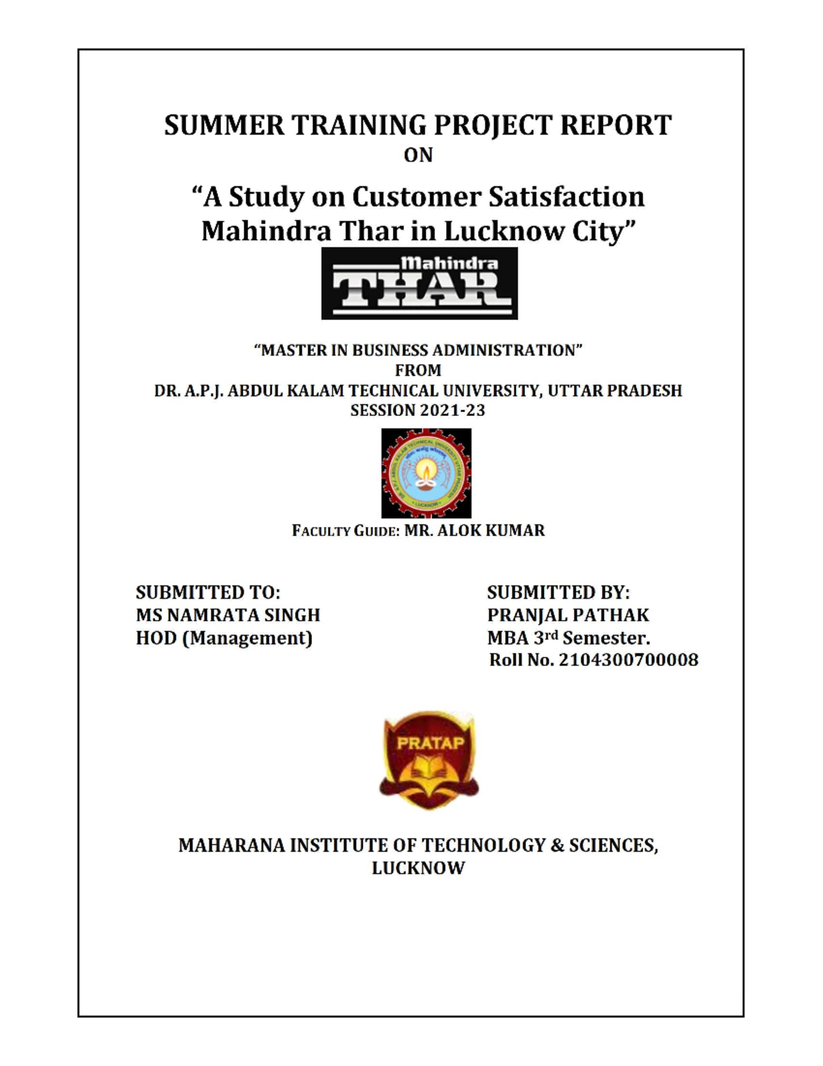 Pranjal Pathak - MBA 3rd Sem summer training report - Masters of ...