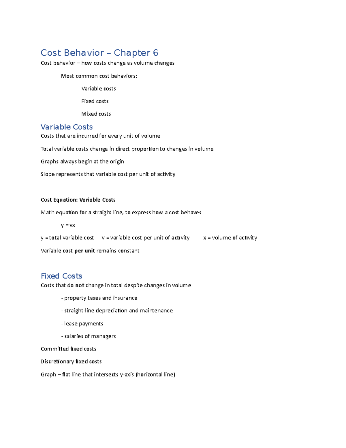 Chapter 6 Notes - Cost Behavior – Chapter 6 Cost behavior – how costs ...