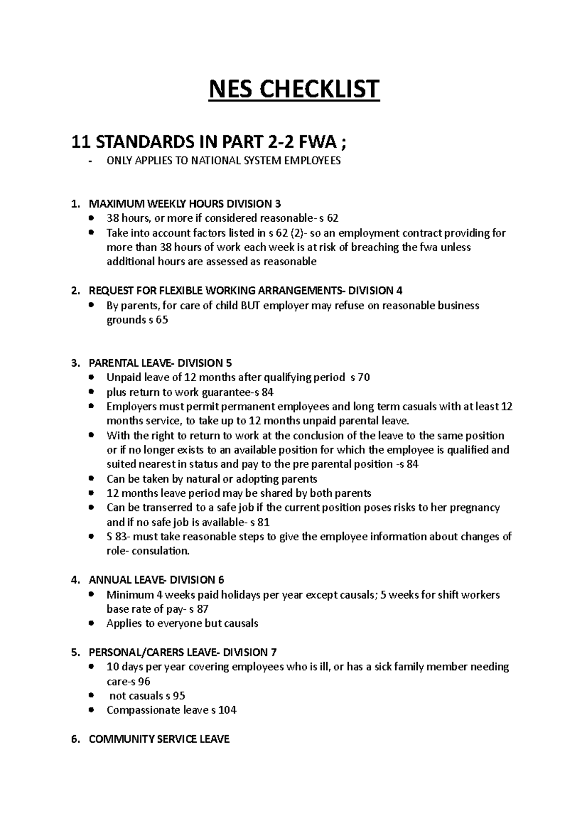 National employment Standard Checklist - NES CHECKLIST 11 STANDARDS IN ...
