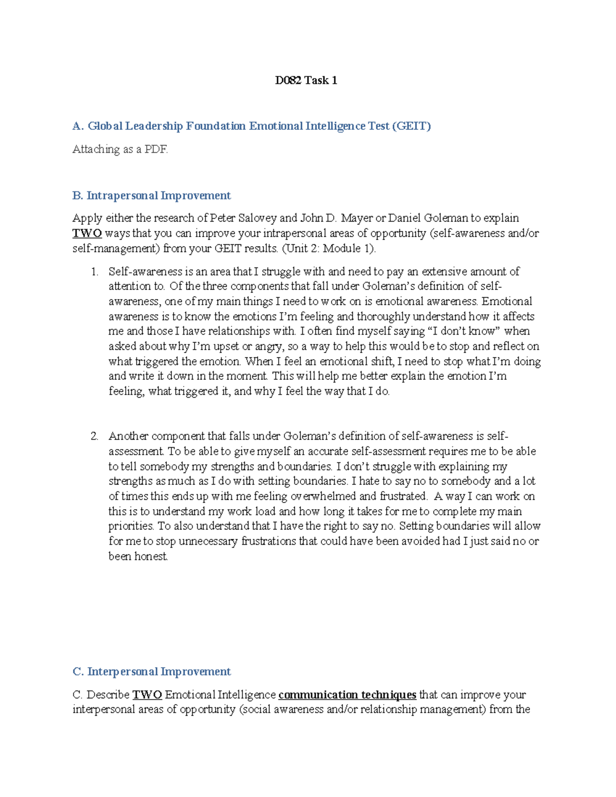 D082 Task 1 - Emotional and Cultural Intelligence - D082 - Passed on ...