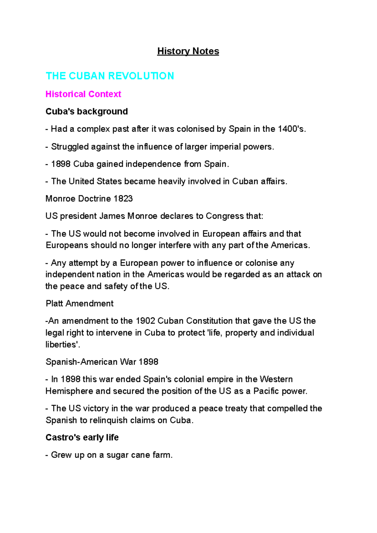 History Notes - Cuban revolution - fidel castro etc - History Notes THE ...