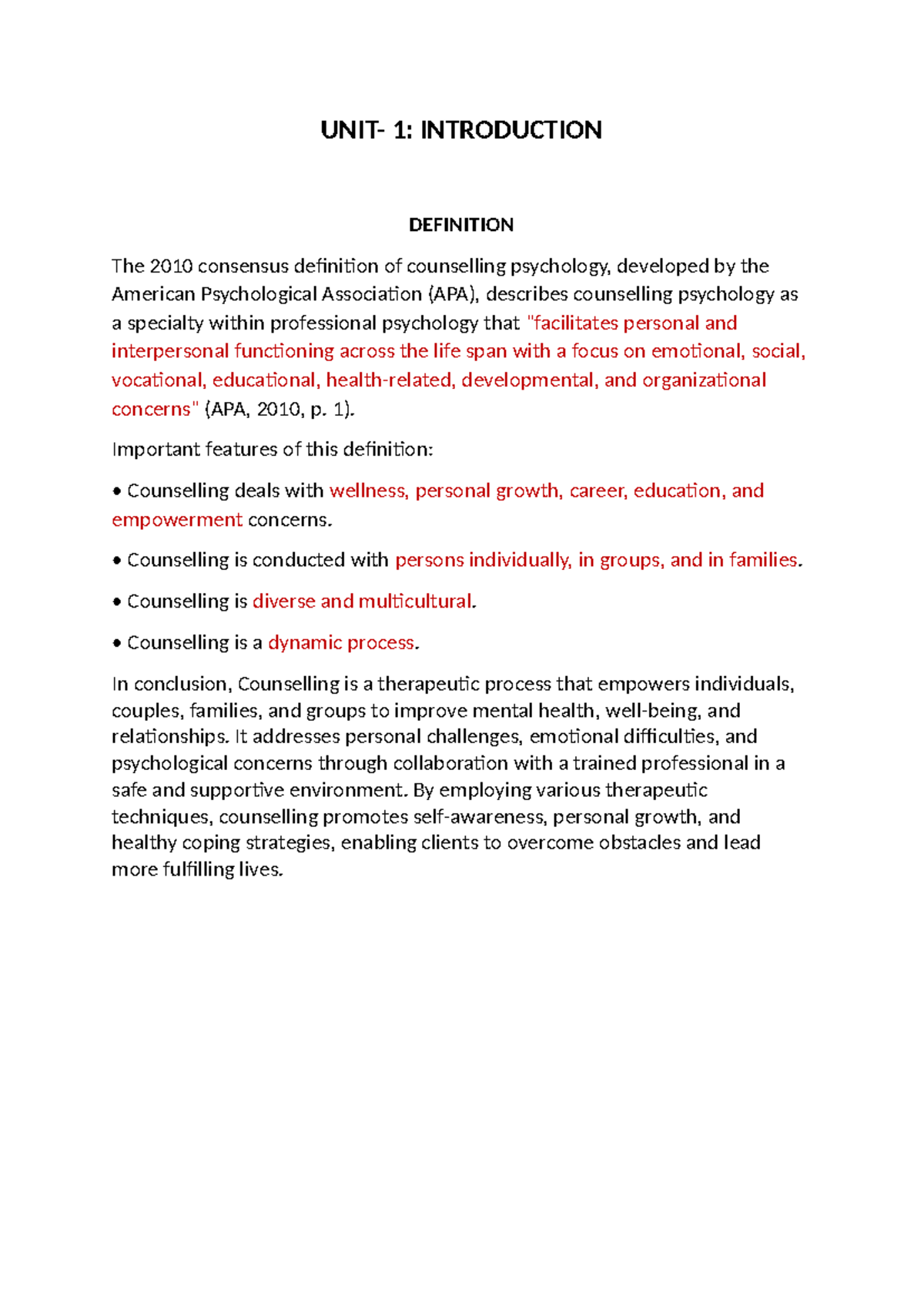 Unit 1 Introduction to Counselling - UNIT- 1: INTRODUCTION DEFINITION ...