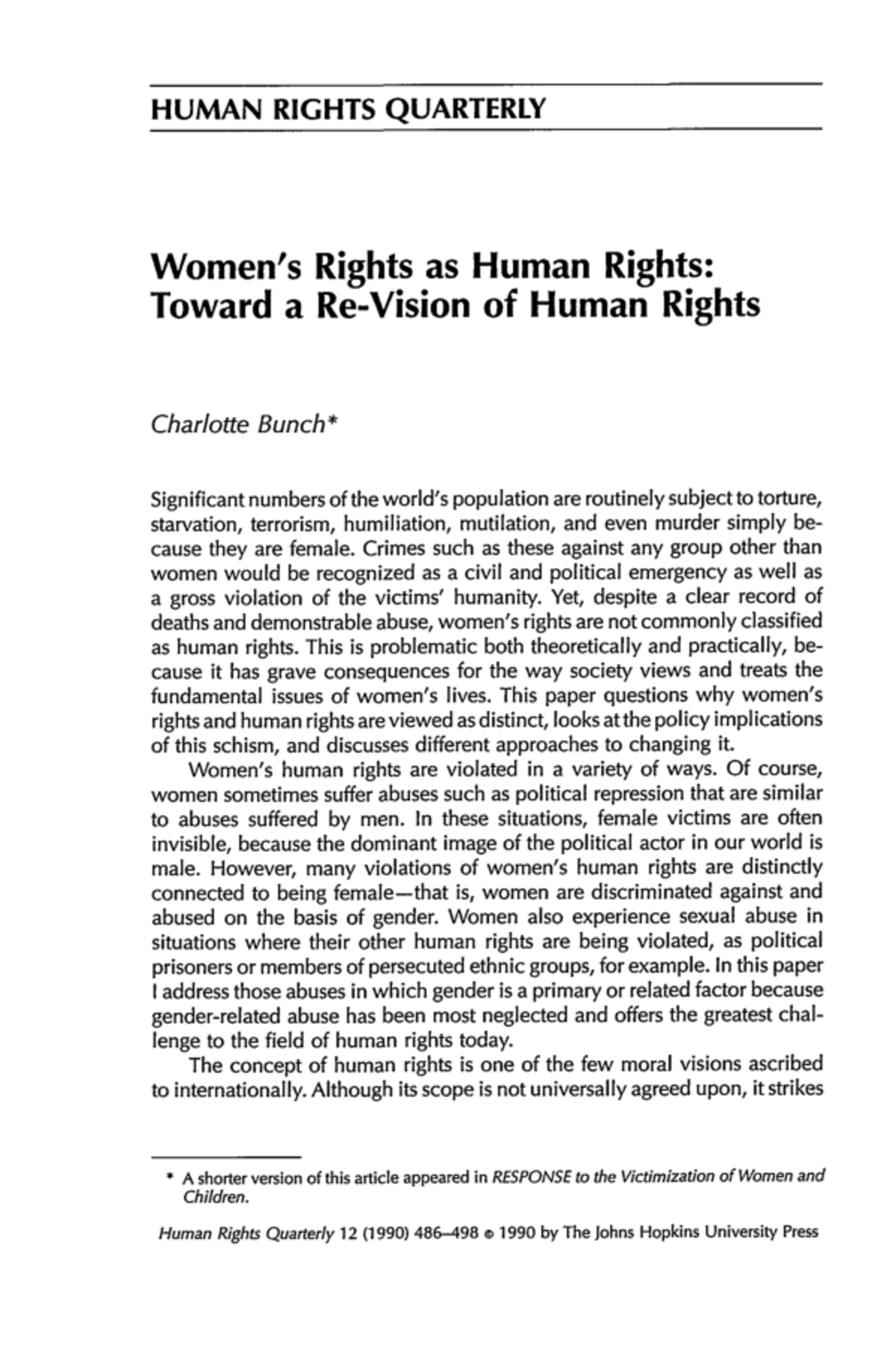 Bunch, Women's Rights as Human Rights - Copy - HUMAN RIGHTS QUARTERLY ...