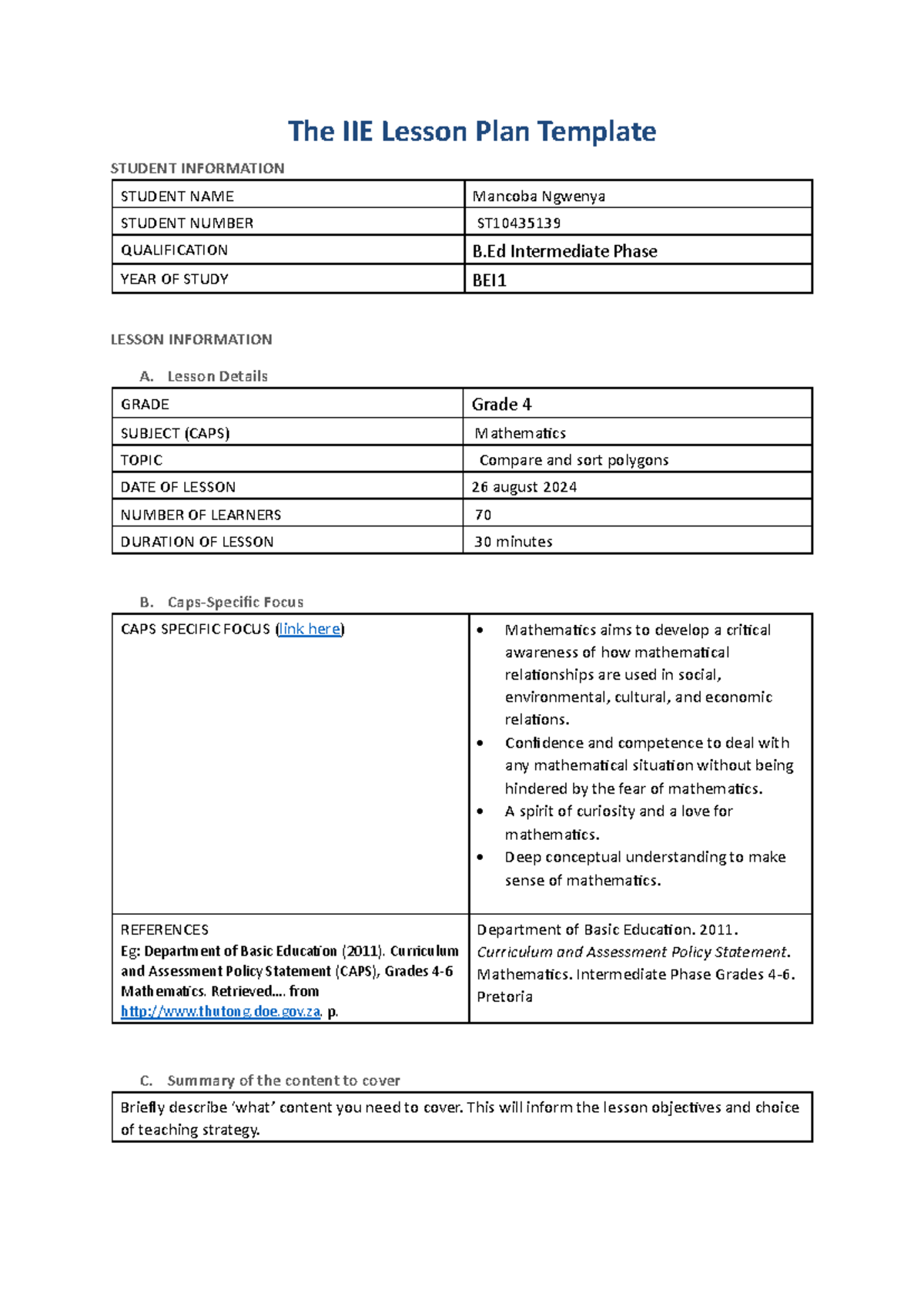 Maths lesson plan - The IIE Lesson Plan Template STUDENT INFORMATION ...