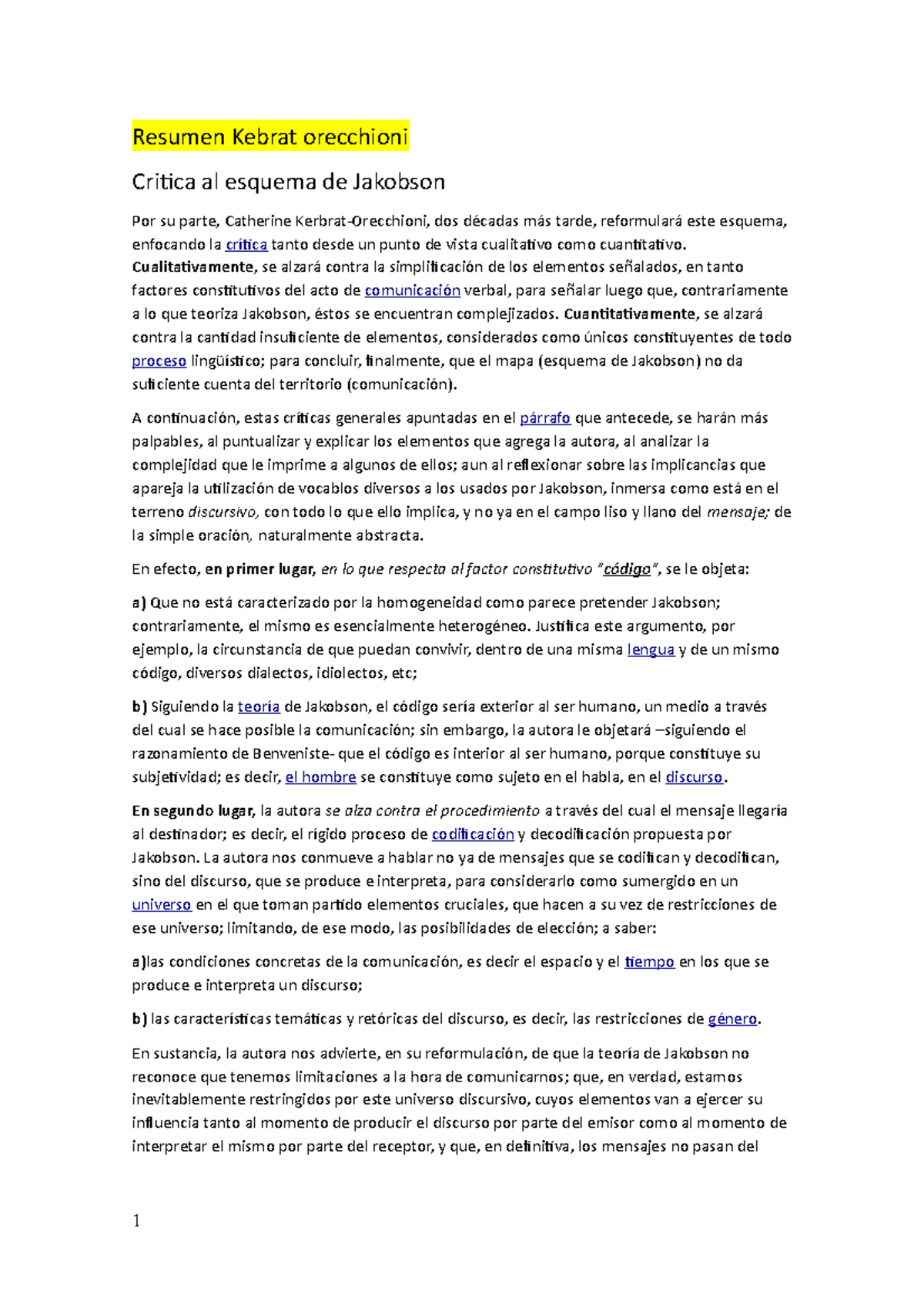 Resumen 4- Kerbrat critica a jakobson - Resumen Kebrat orecchioni Critica al esquema de Jakobson ...