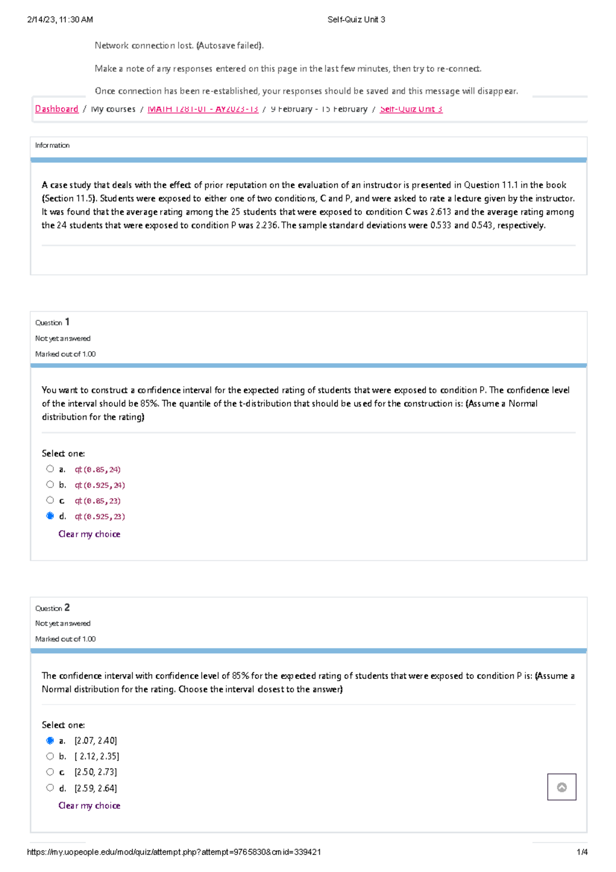 Maths 1281 Self-Quiz Unit 3 - Information Question 1 Not yet answered Marked out of 1. Question ...