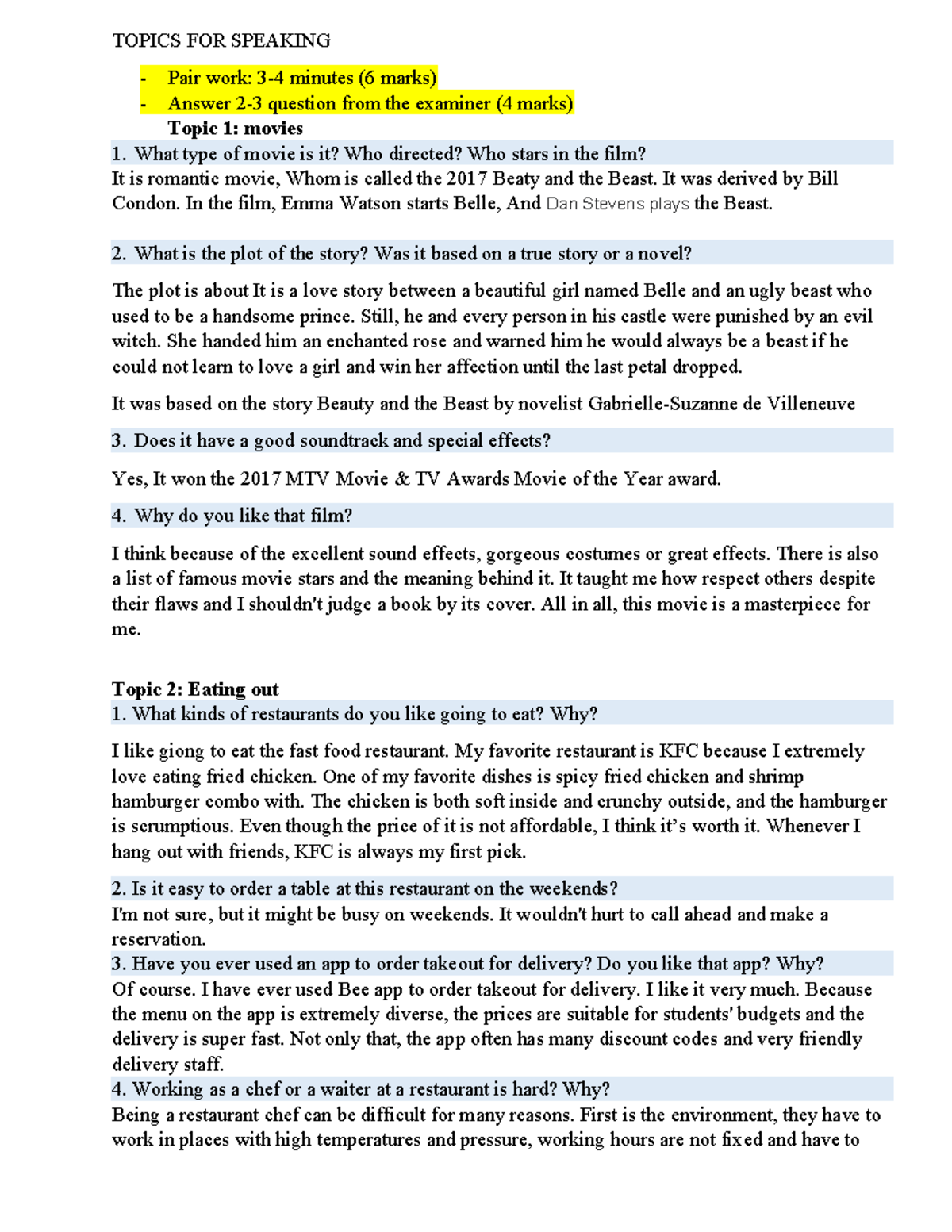 Topics FOR Speaking -revised 4 - TOPICS FOR SPEAKING - Pair work: 3-4 ...