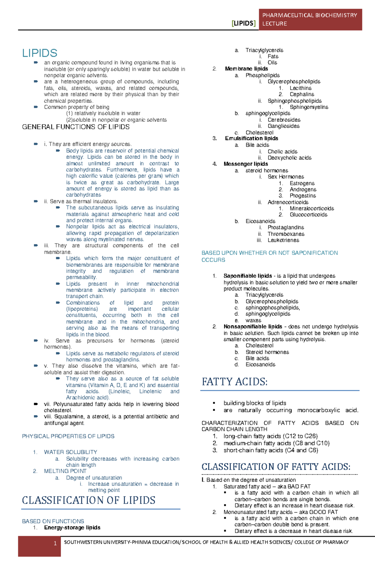 Lipids notes - [LIPIDS] LECTURE LIPIDS an organic compound found in ...