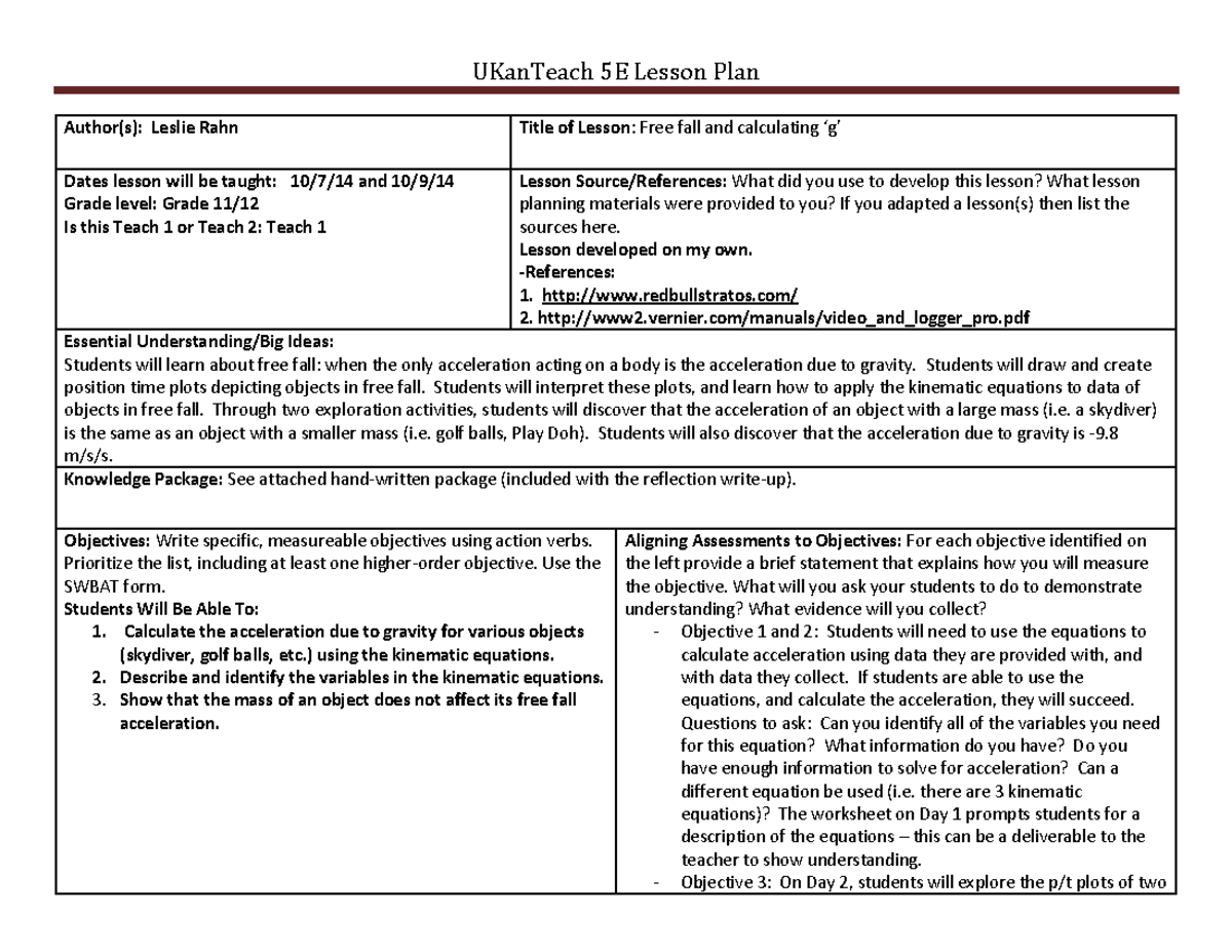 Teach 1 free fall - UKanTeach 5E Lesson Plan Author(s): Leslie Rahn ...