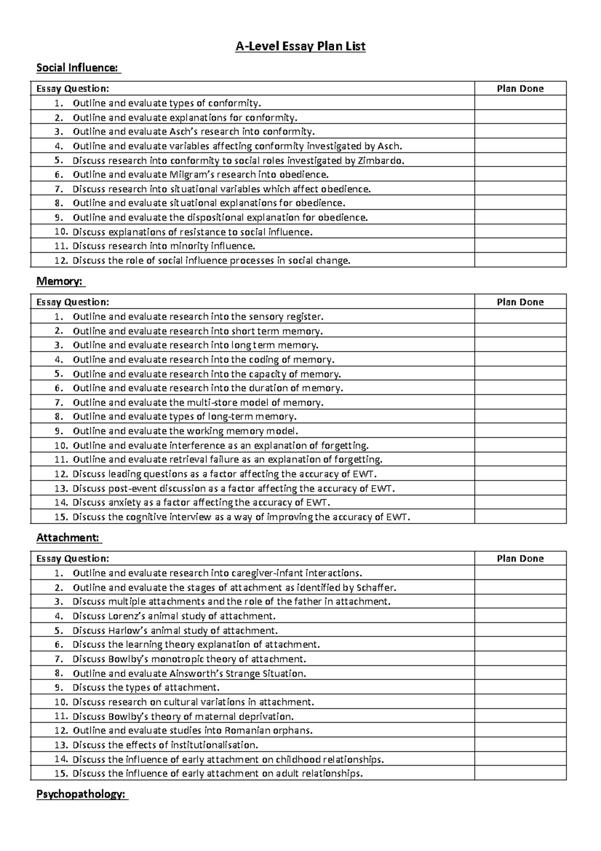 Essay Plan List Y13 - A-Level Essay Plan List Social Influence: Essay ...