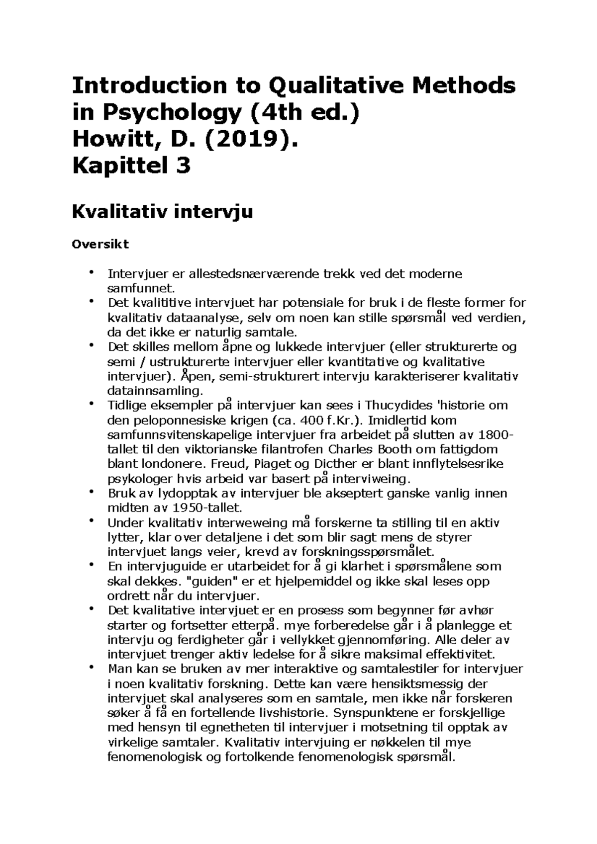 Howitt kapittel 3 - Introduction to Qualitative Methods in Psychology ...
