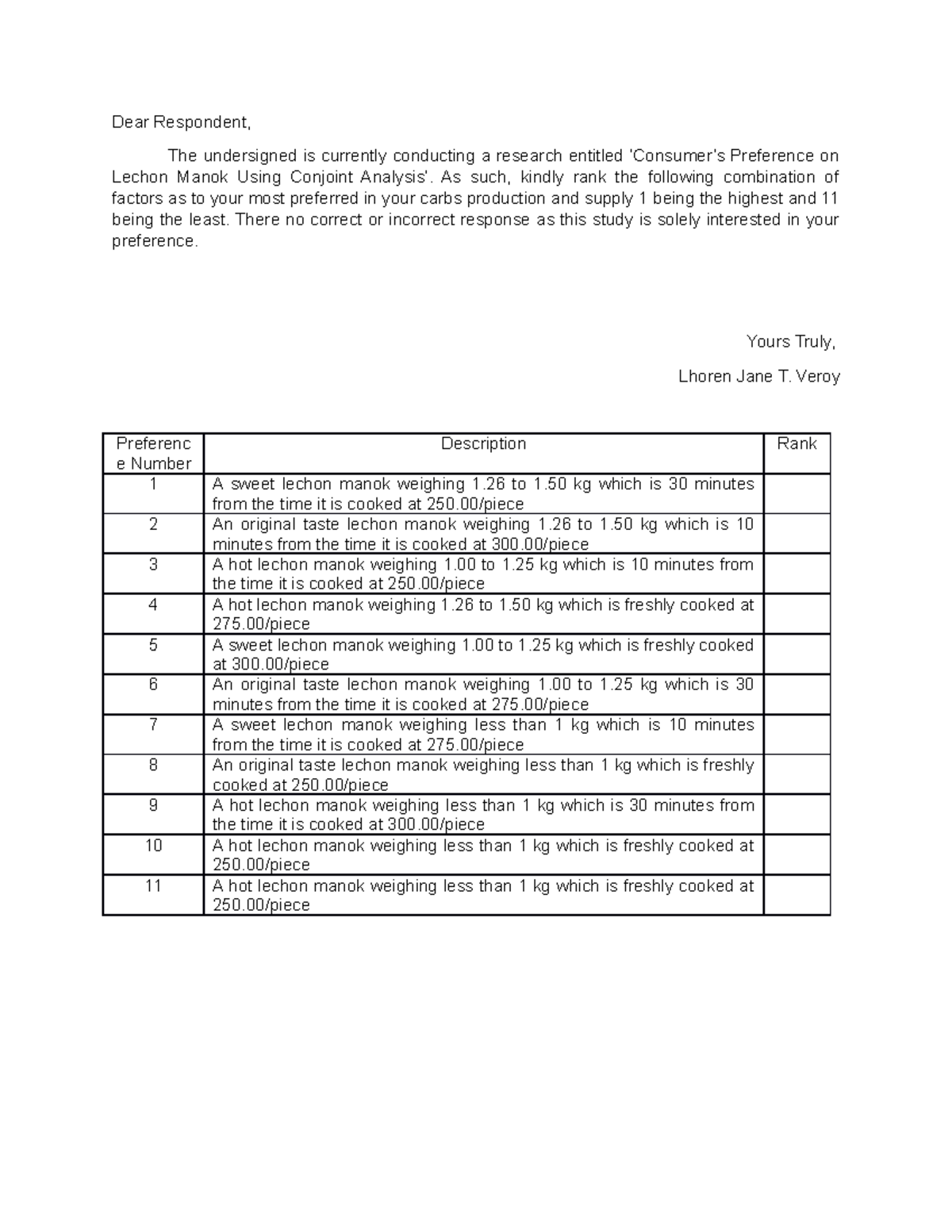 Veroy Questionnaire - Dear Respondent, The undersigned is currently ...