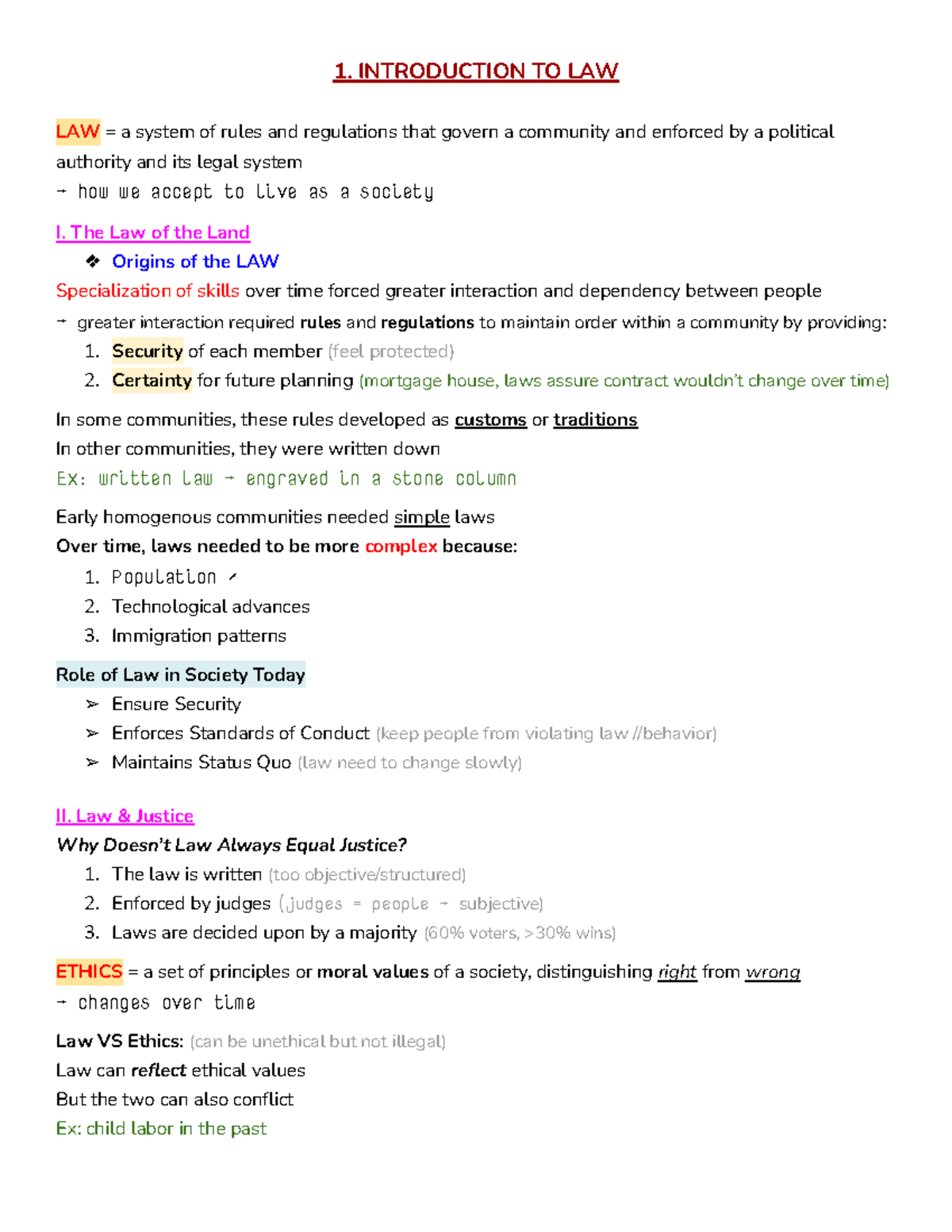 1-2 - intro ch1 - 1. INTRODUCTION TO LAW LAW = a system of rules and ...