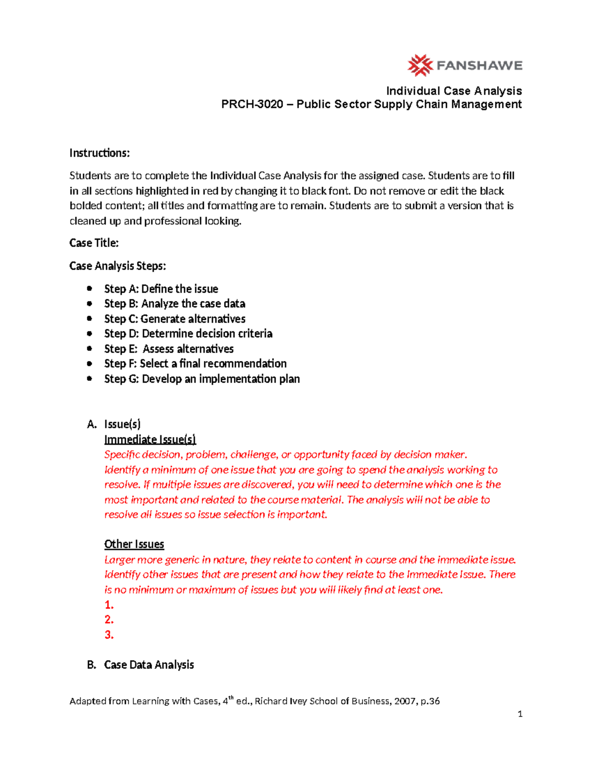 Individual Case Analysis - Students are to fill in all sections ...