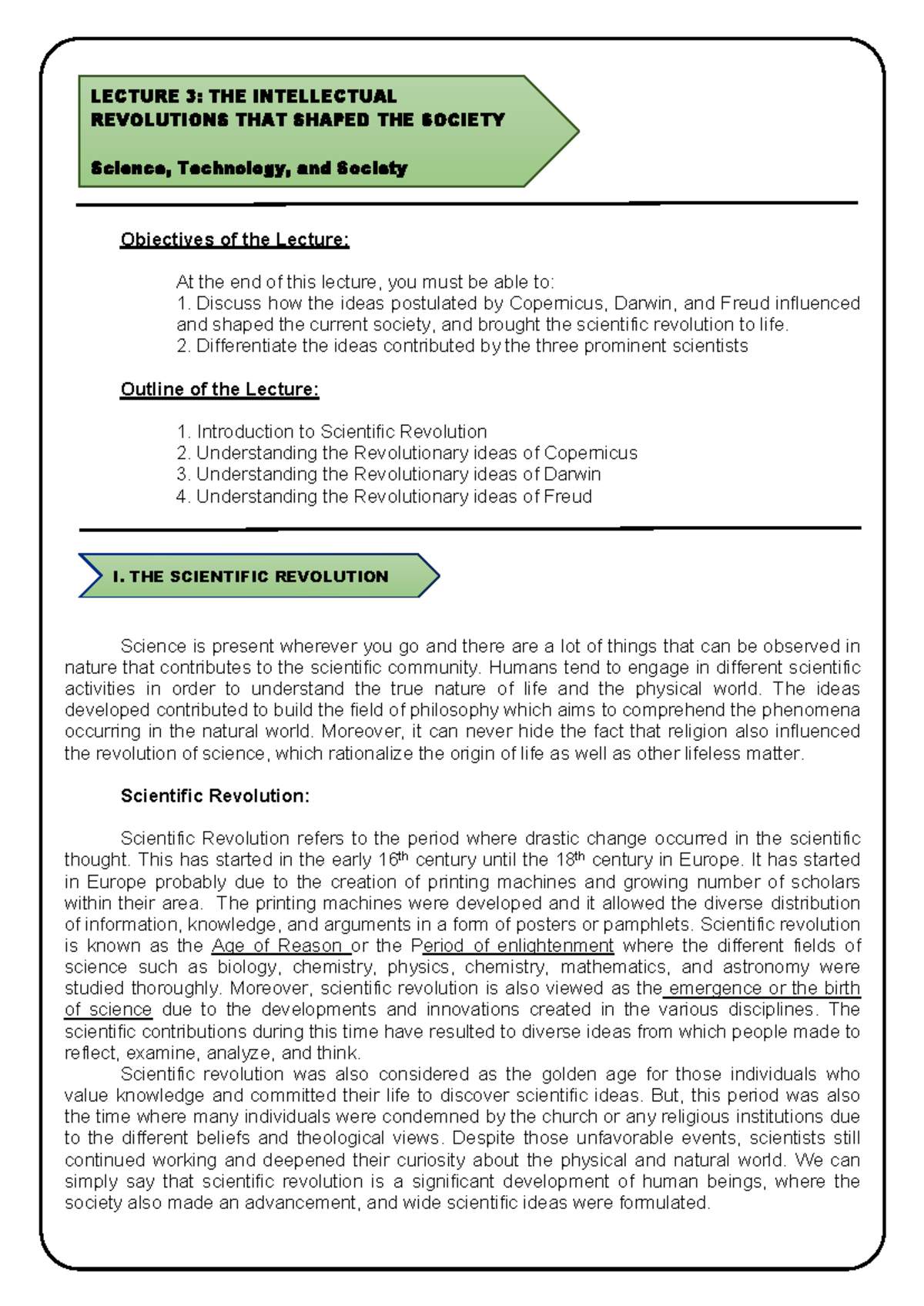 STS Lecture 4 Guide Notes - Objectives of the Lecture: At the end of ...
