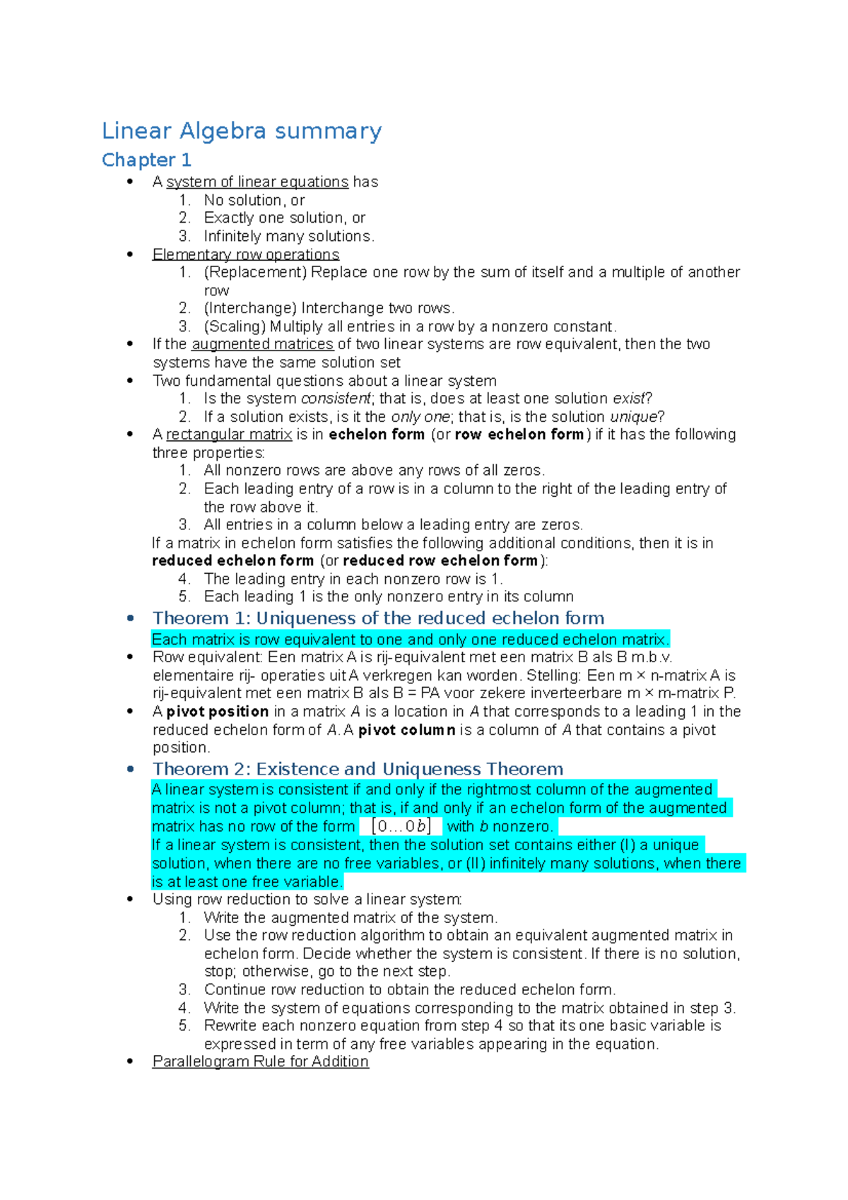 Linear Algebra summary - Linear Algebra summary Chapter 1 A system of ...