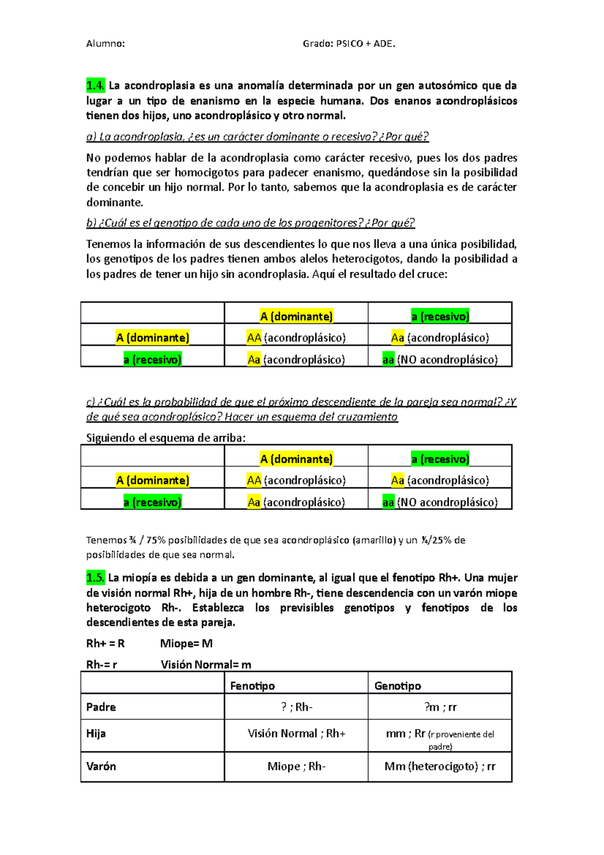 Problemas Genética Resueltos La Acondroplasia Es Una Anomalía