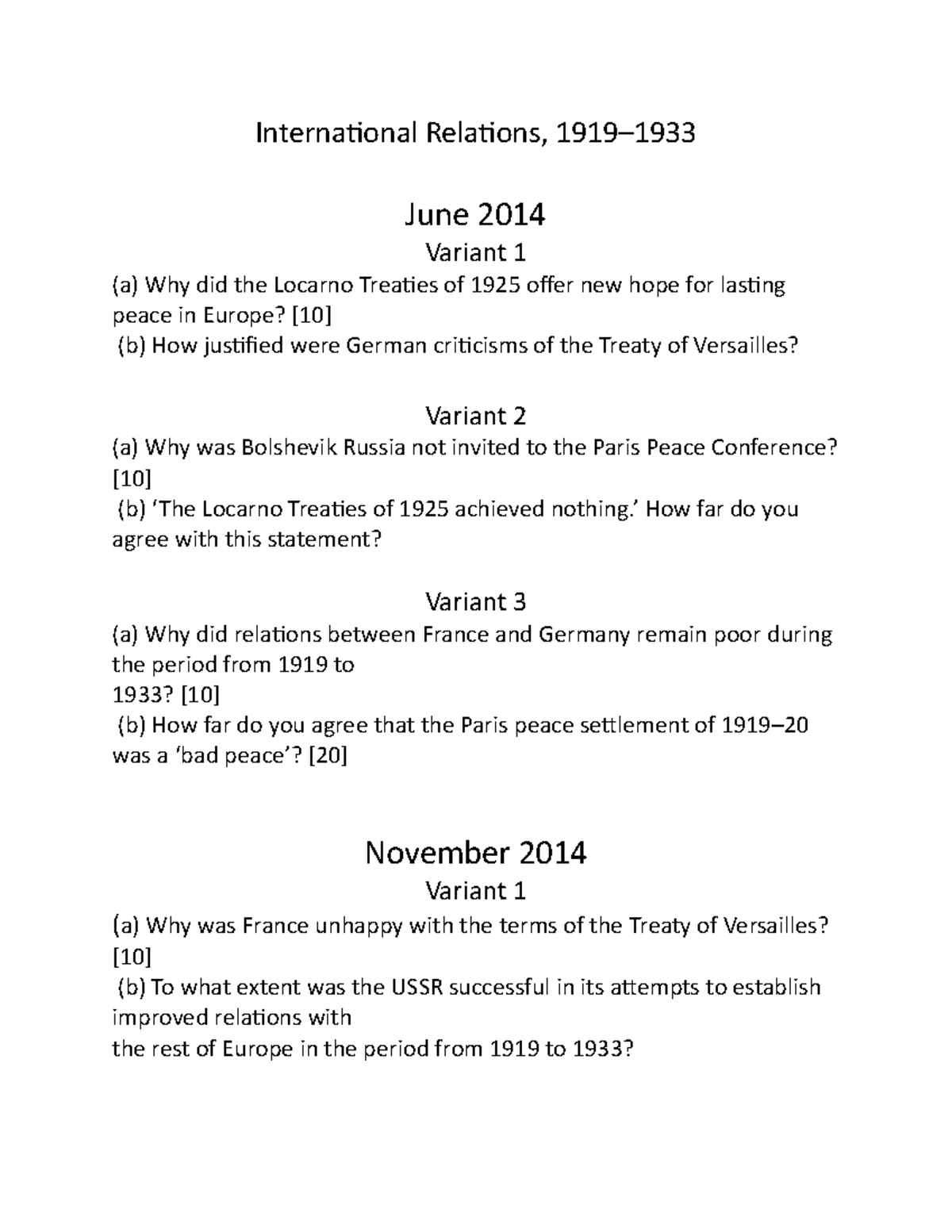 Pratice Questions (1919–1933) 20s - International Relations, 1919– June ...