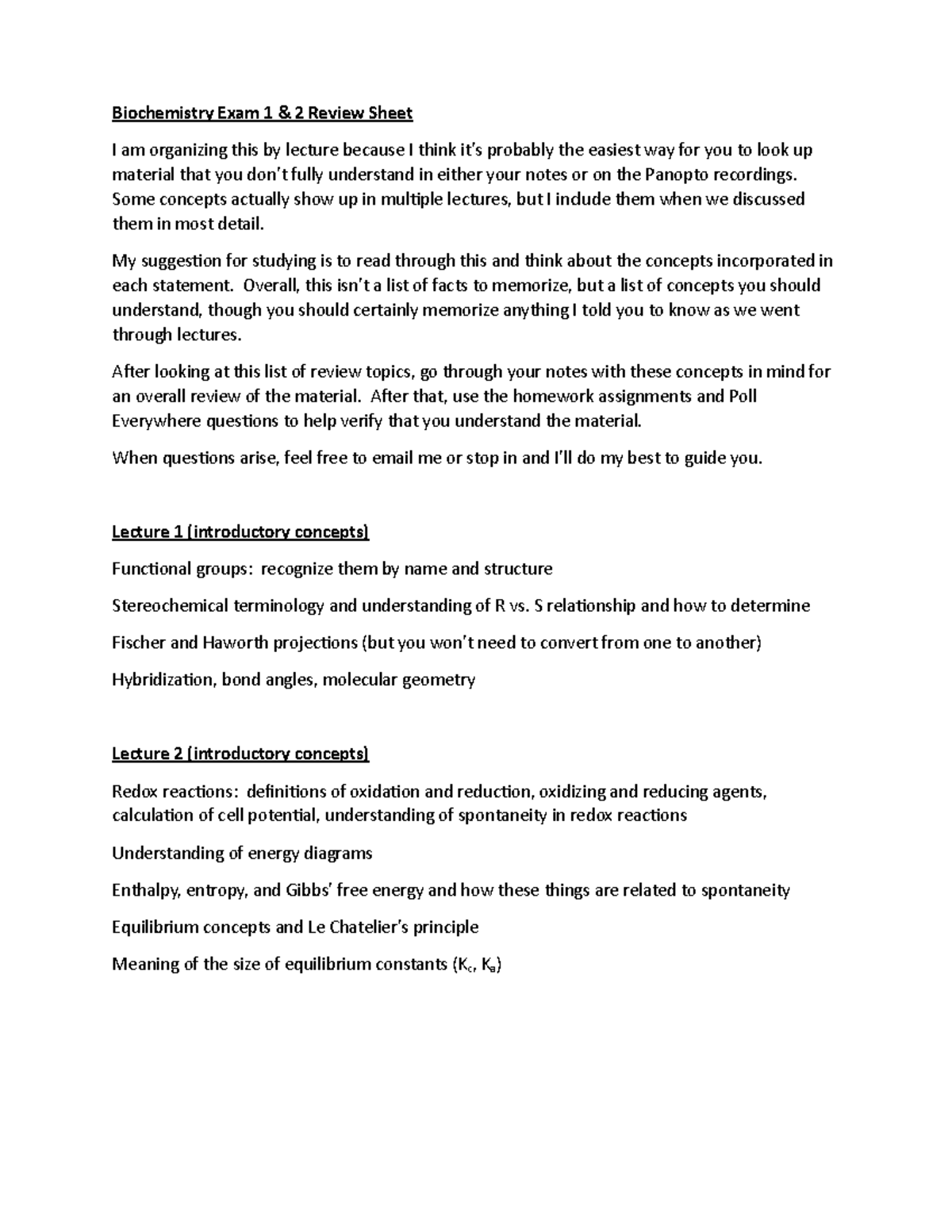 Biochemistry Exam 1&2 Review Sheet - CHEM 425 - CUW - Studocu