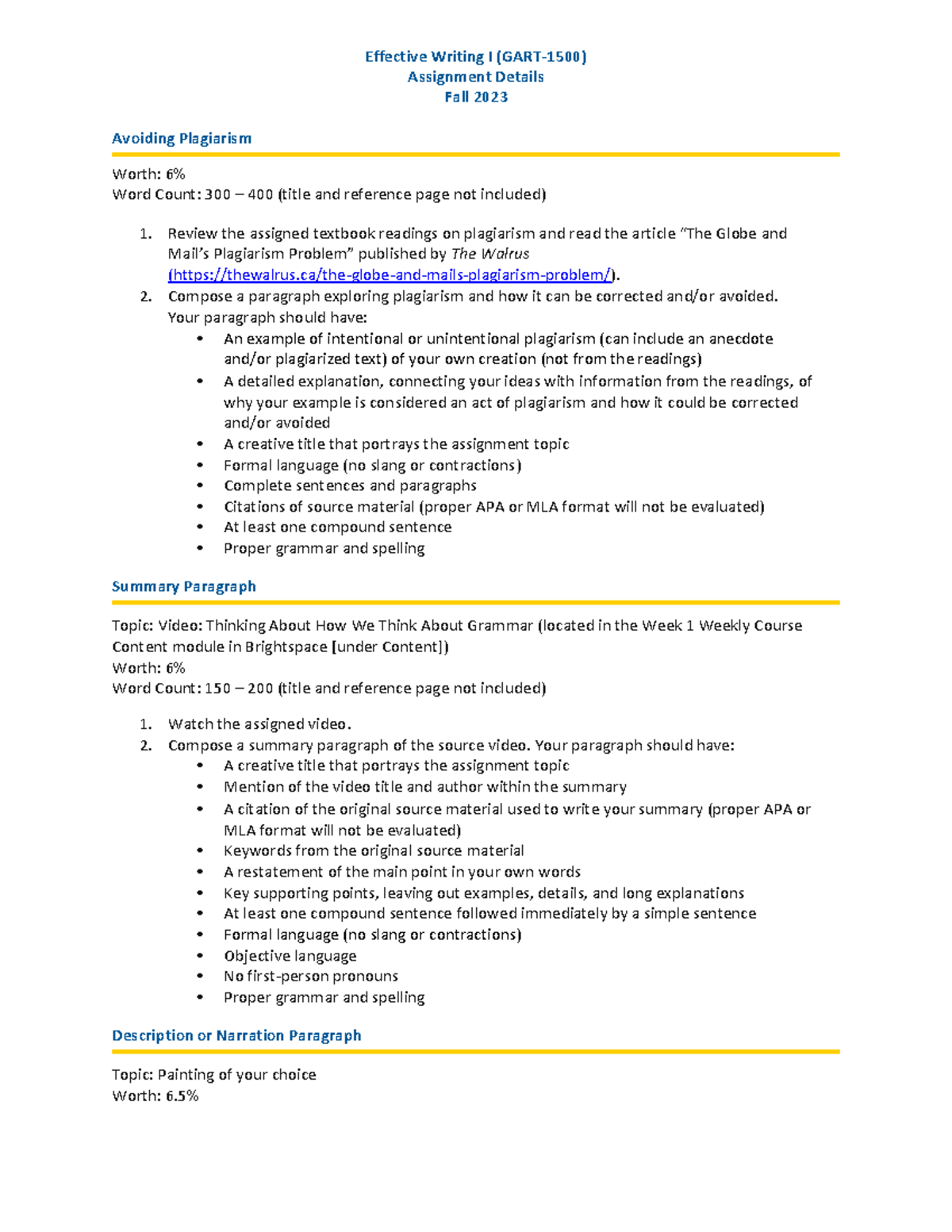 F23 Writing Assignments - GART 1500 - U of W - Studocu
