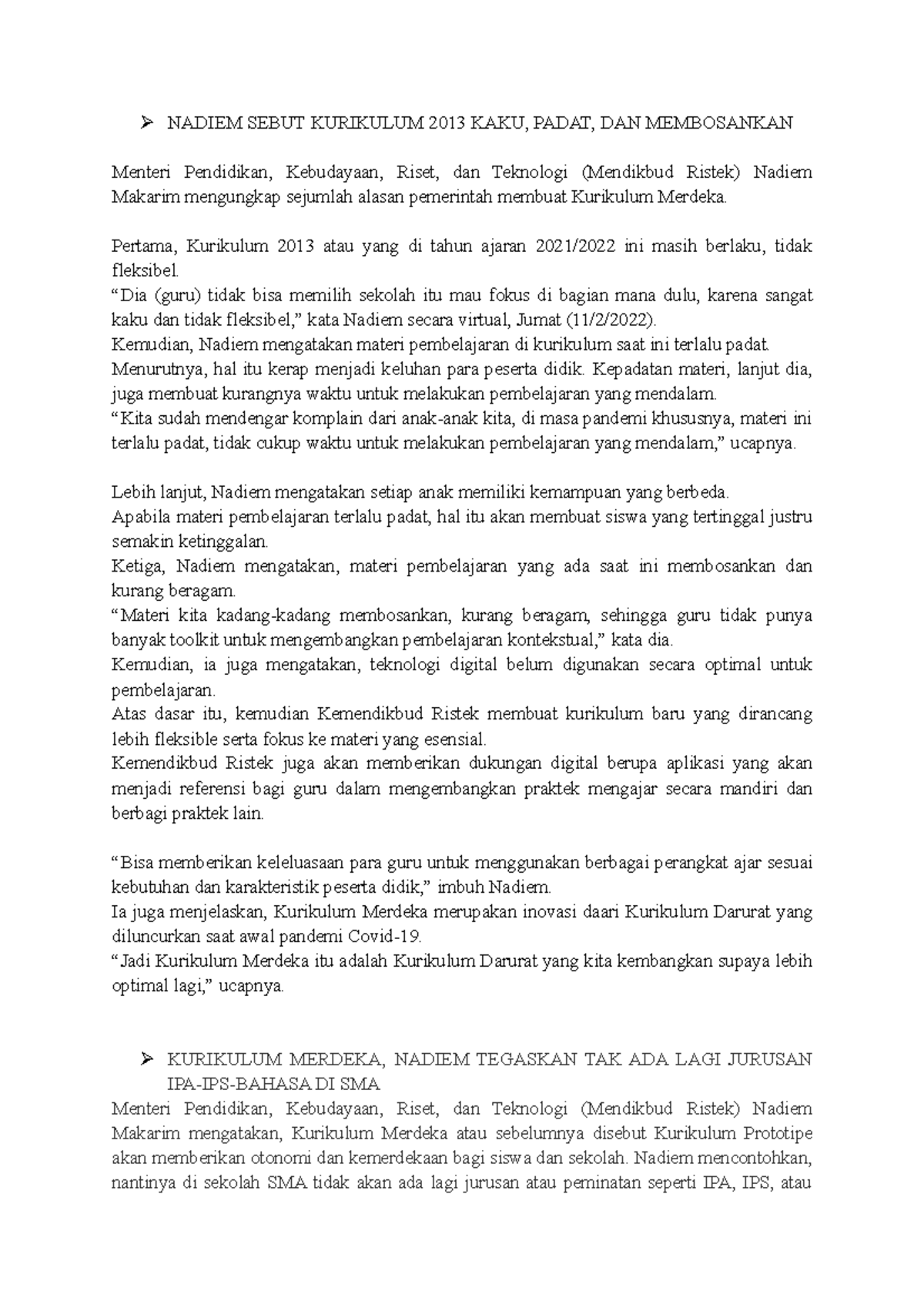 Tugas ppg - berita ppg pjok - NADIEM SEBUT KURIKULUM 2013 KAKU, PADAT ...
