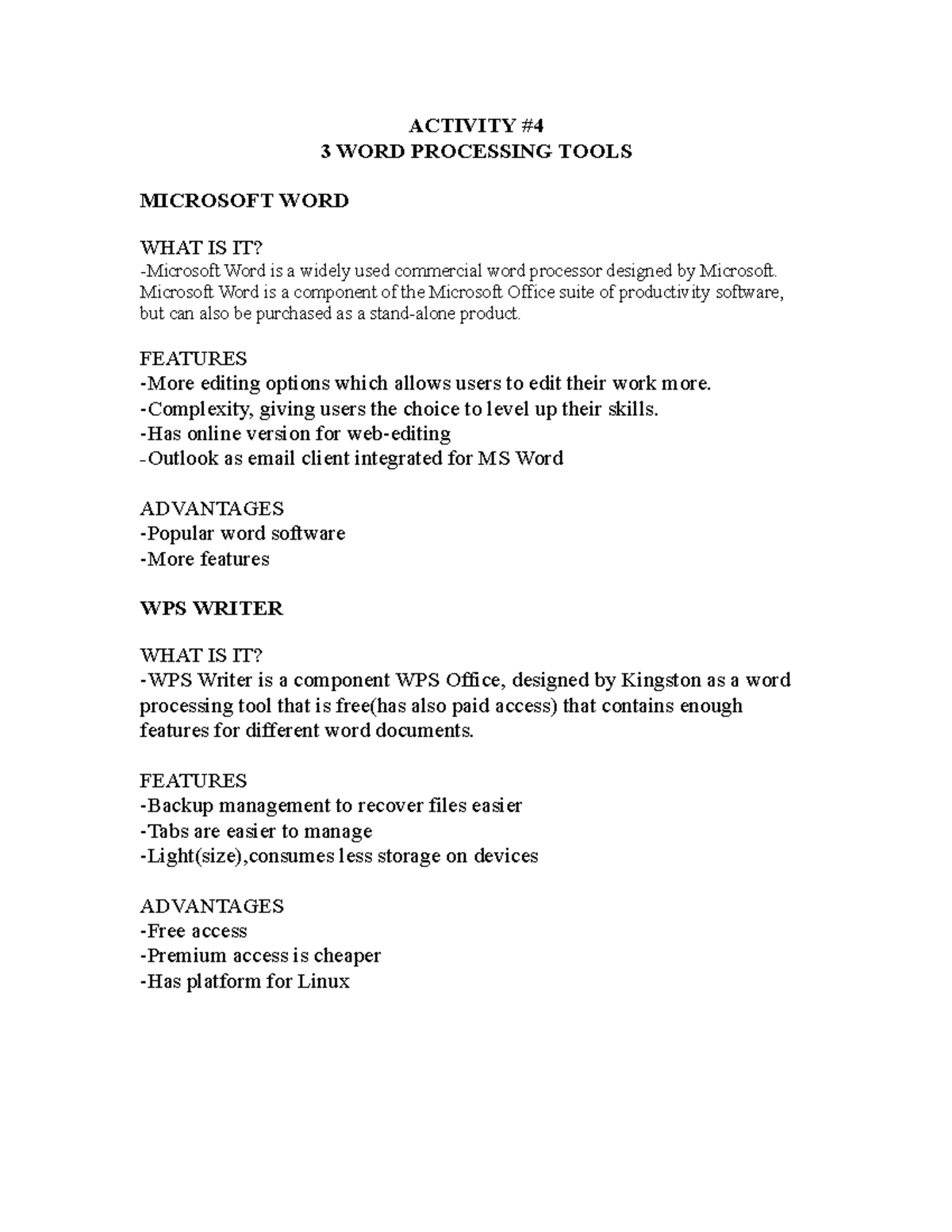 3 WORD Processing Tools - ACTIVITY 3 WORD PROCESSING TOOLS MICROSOFT ...