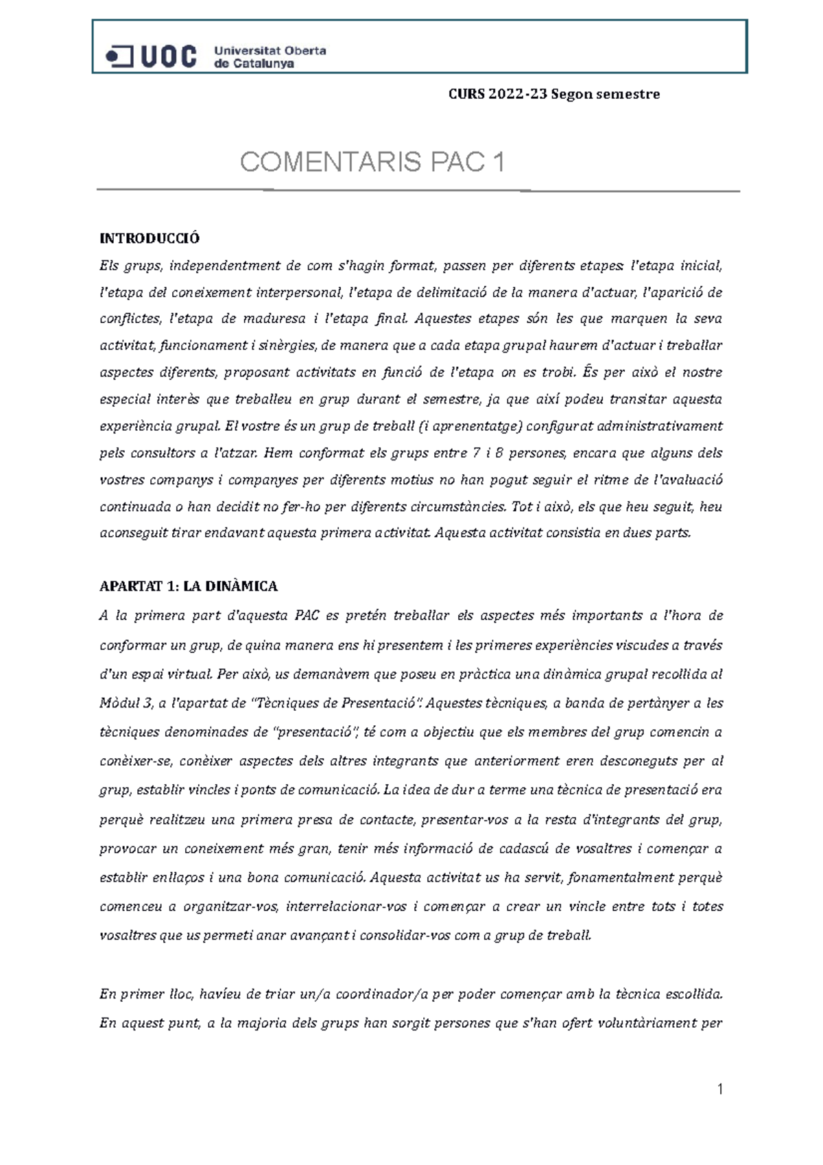 Feedback PAC 1 2022-2023 2on Sem - Dinámica de grupos - UOC - Studocu