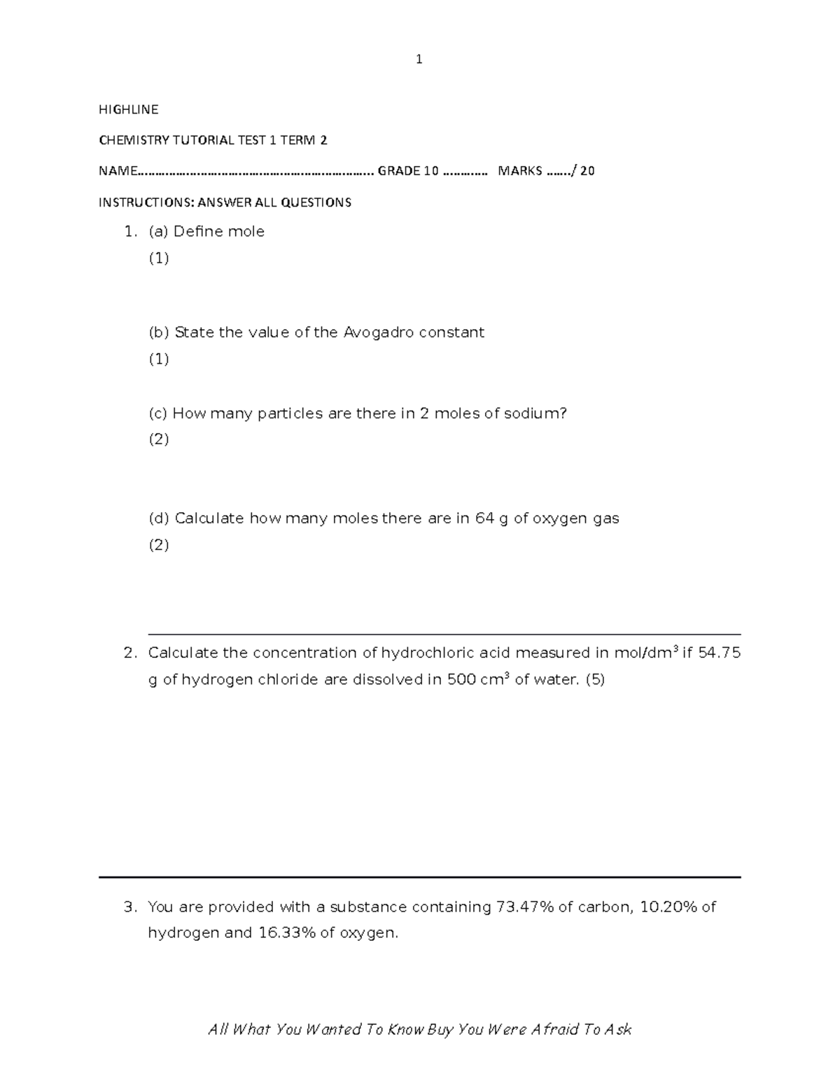 Chemistry Tutorial TEST 1 Terms 2 - 1 HIGHLINE CHEMISTRY TUTORIAL TEST ...