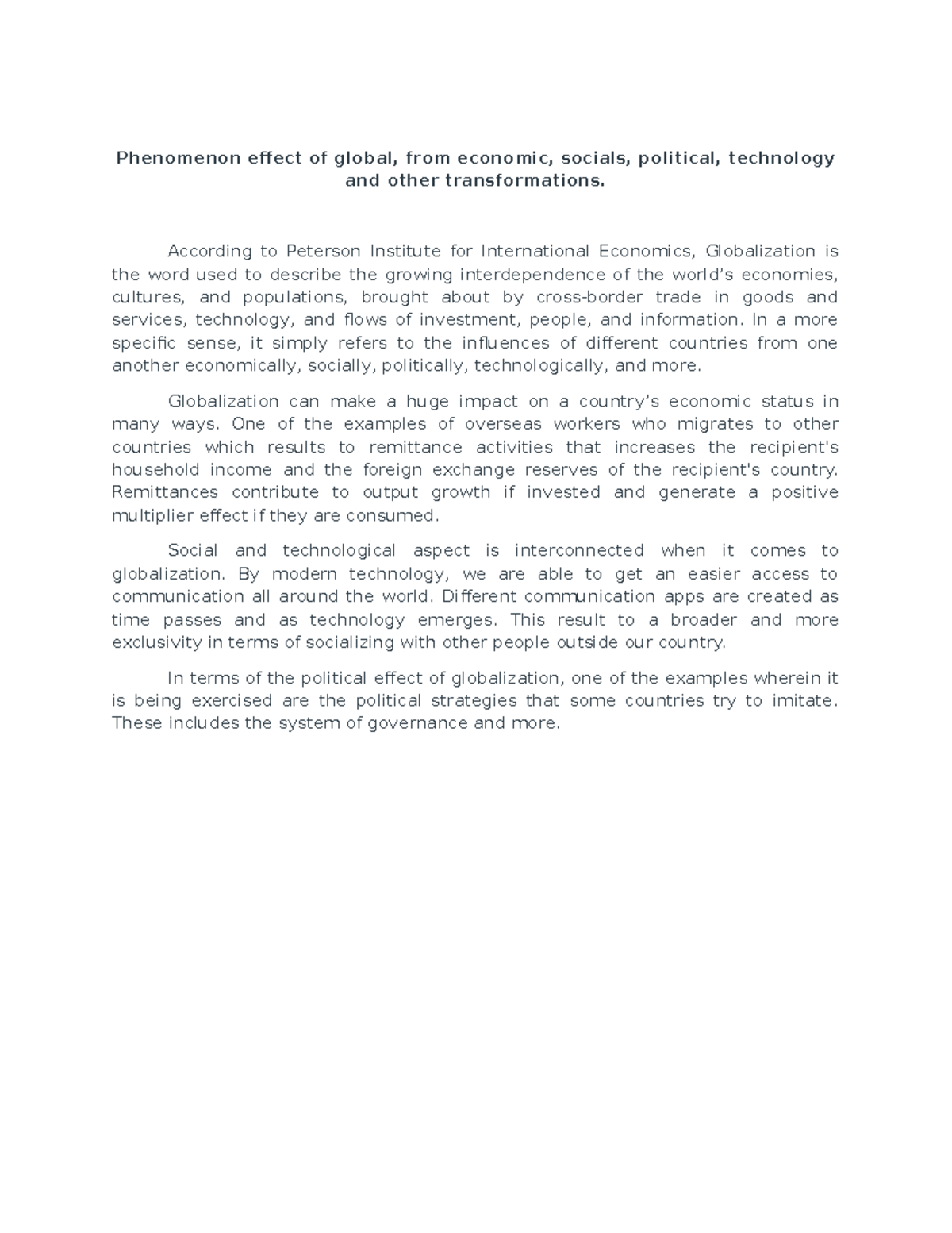 Activity 1 - Phenomenon effect of global, from economic, socials ...