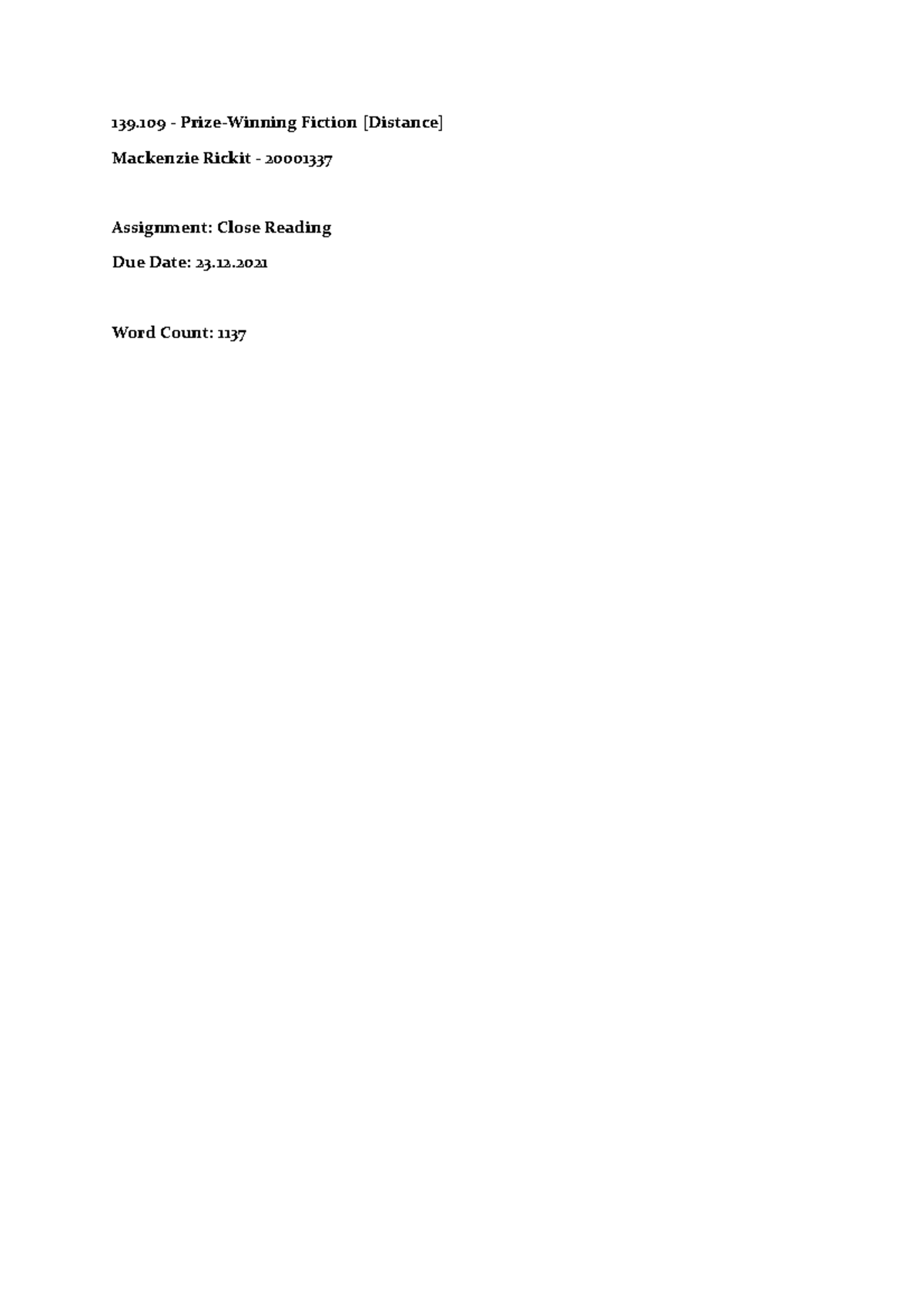 Assignment Two - Close Reading (A-) - 139 - Prize-Winning Fiction ...