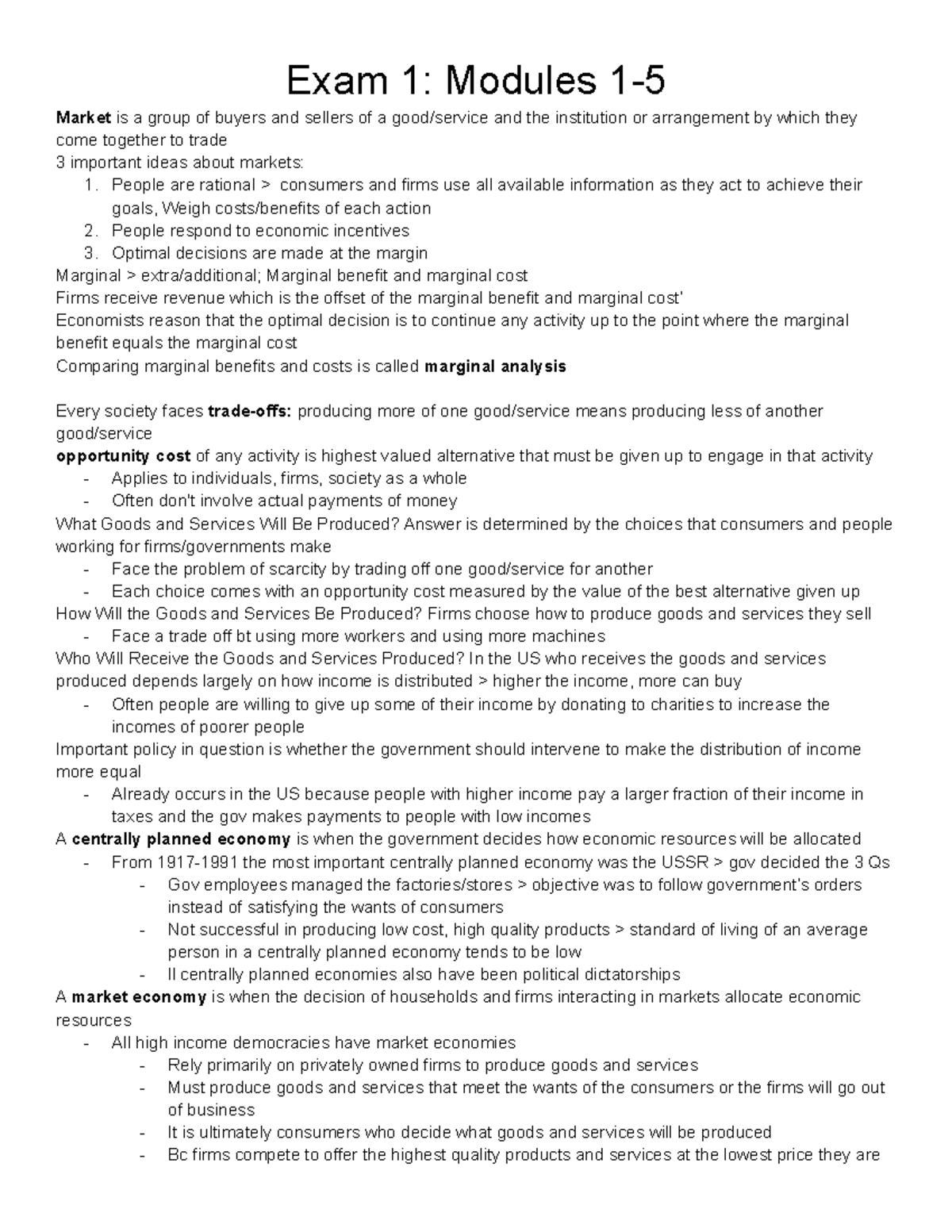 Exam Module 1-5 - Exam 1: Modules 1- Market is a group of buyers and ...