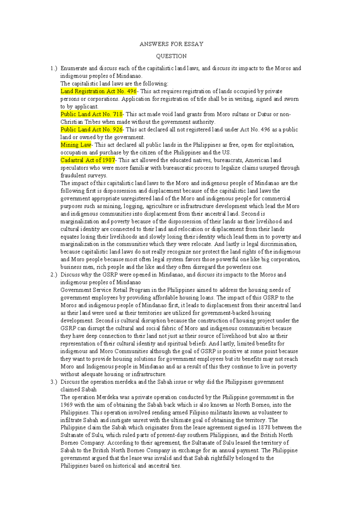 Answers FOR Essay History 3 - ANSWERS FOR ESSAY QUESTION 1.) Enumerate ...