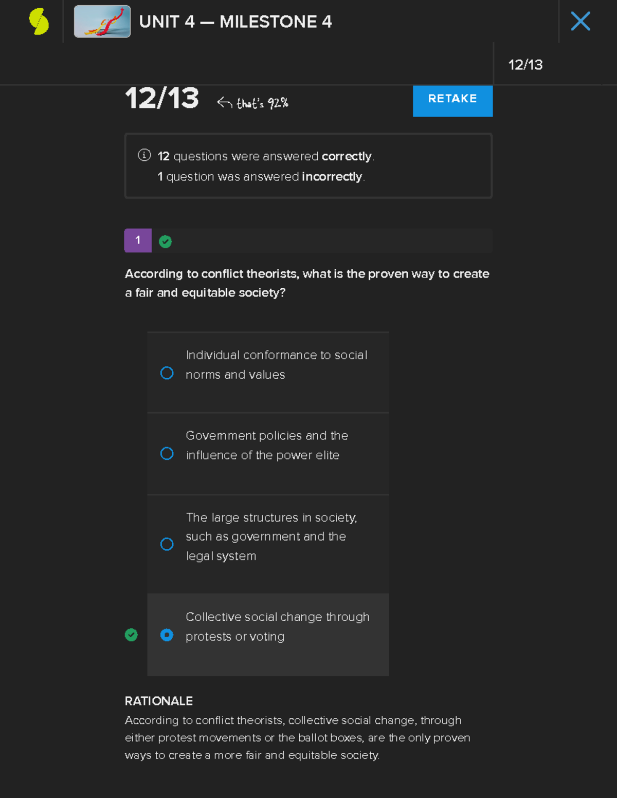 Sophia Sociology Milestone 4 - 1 12/13 that's 92% RETAKE 12 questions ...