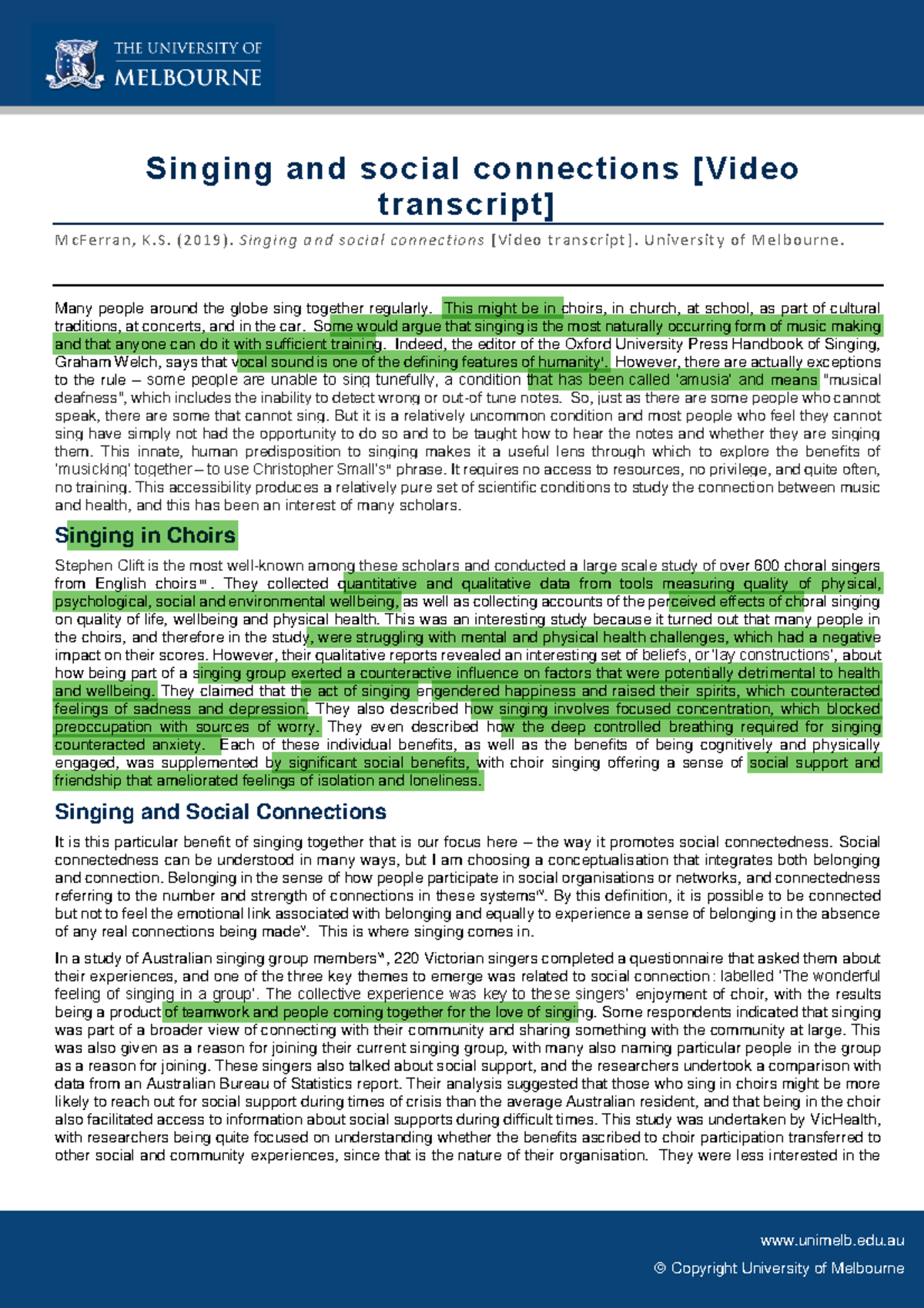 MUSI2015 0 Singing and social connections - Video transcript - Warning ...