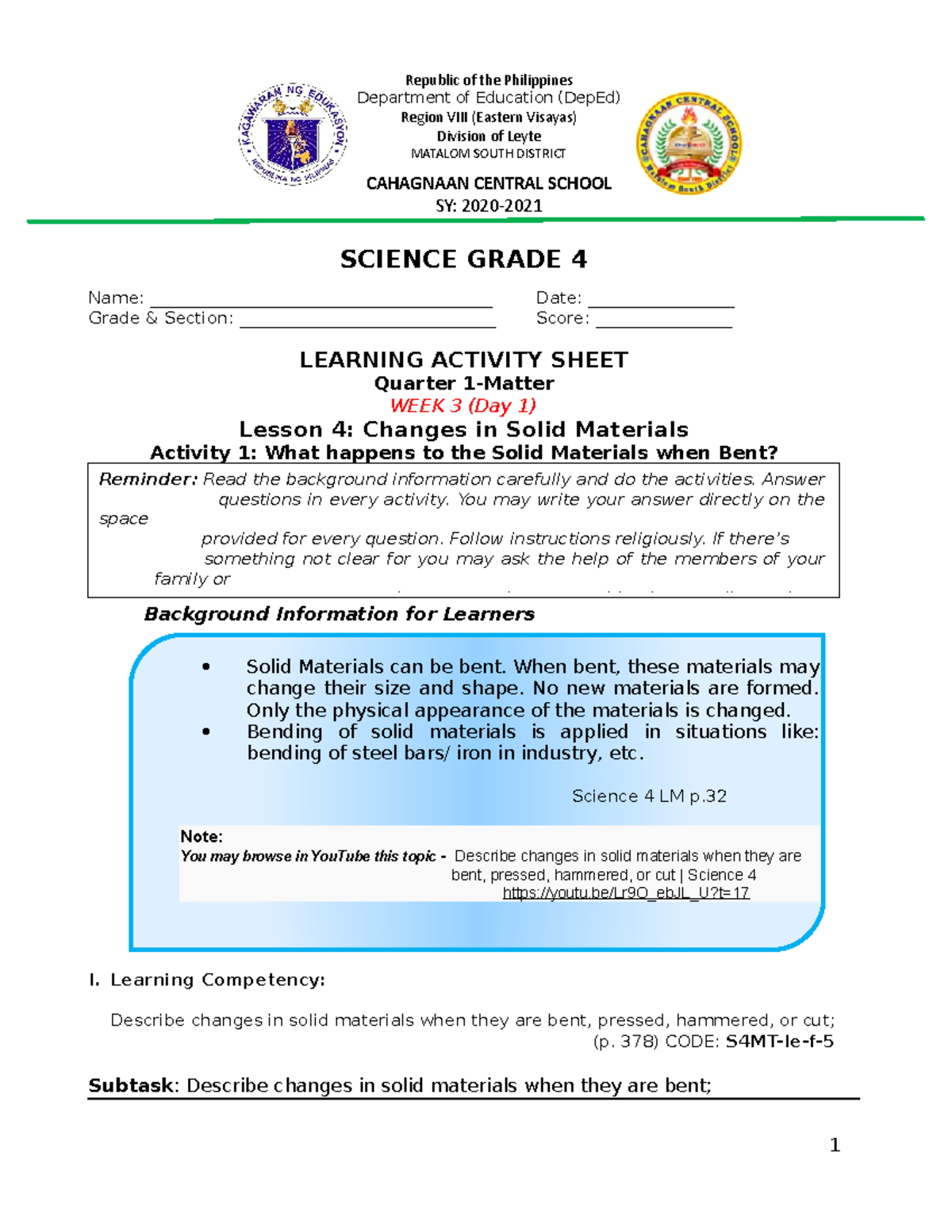 Teacher-made Science 4 Q1-week 3Activity sheets with answer key ...