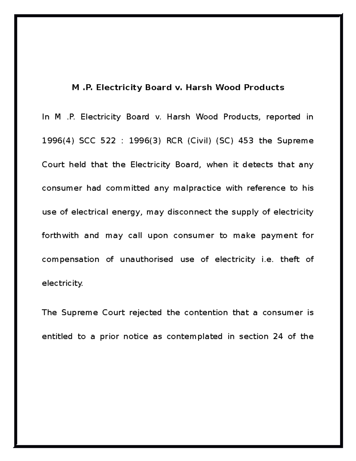 MP Electricity Board v. Harsh Wood Products - M .P. Electricity Board v ...