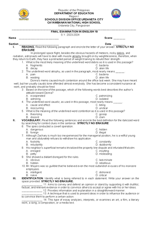 Grade 7 first quarter exam - ENGLISH 7 NAME: SCORE: GRADE LEVEL ...