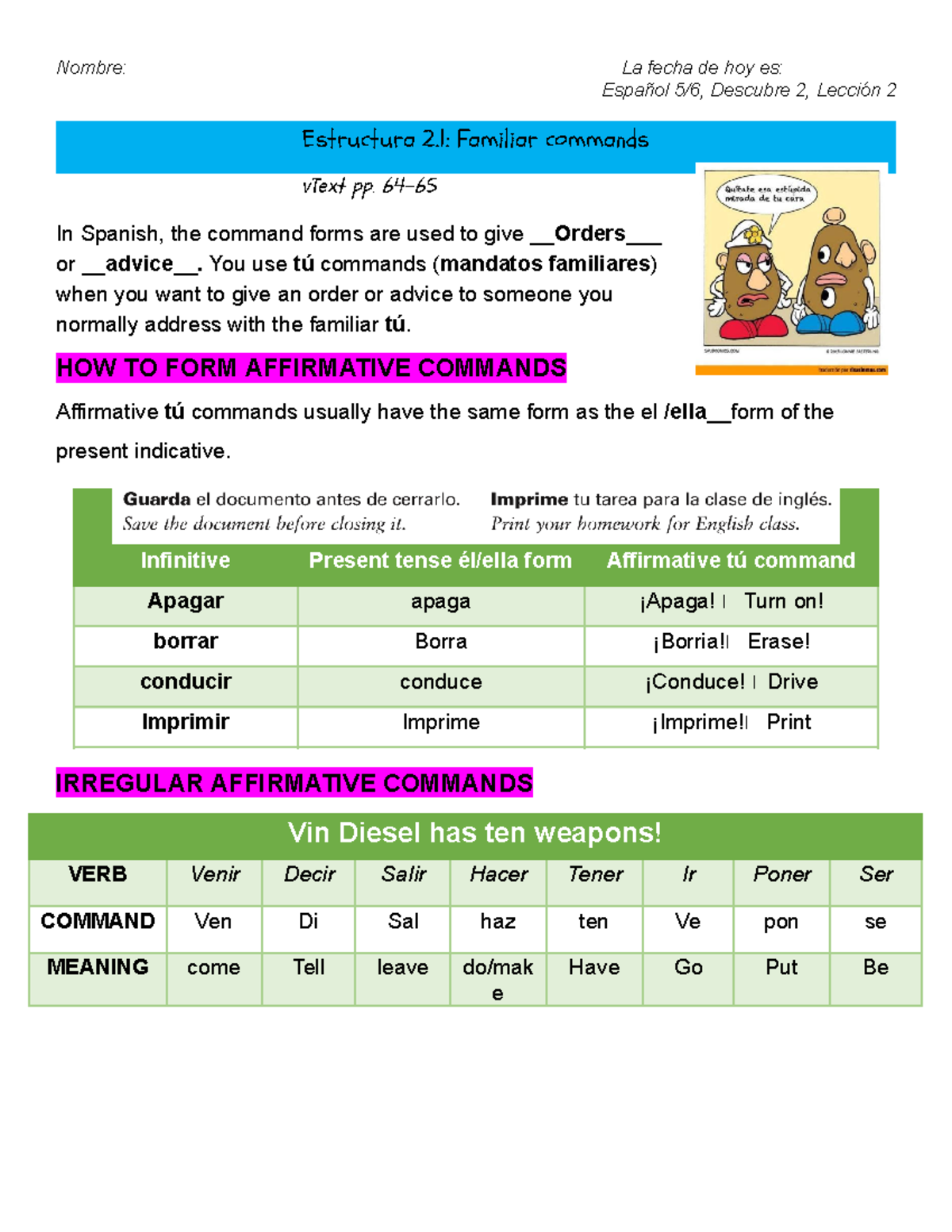 2.1_Notas_-_Familiar_commands - Nombre: La fecha de hoy es: Español 5/6 ...