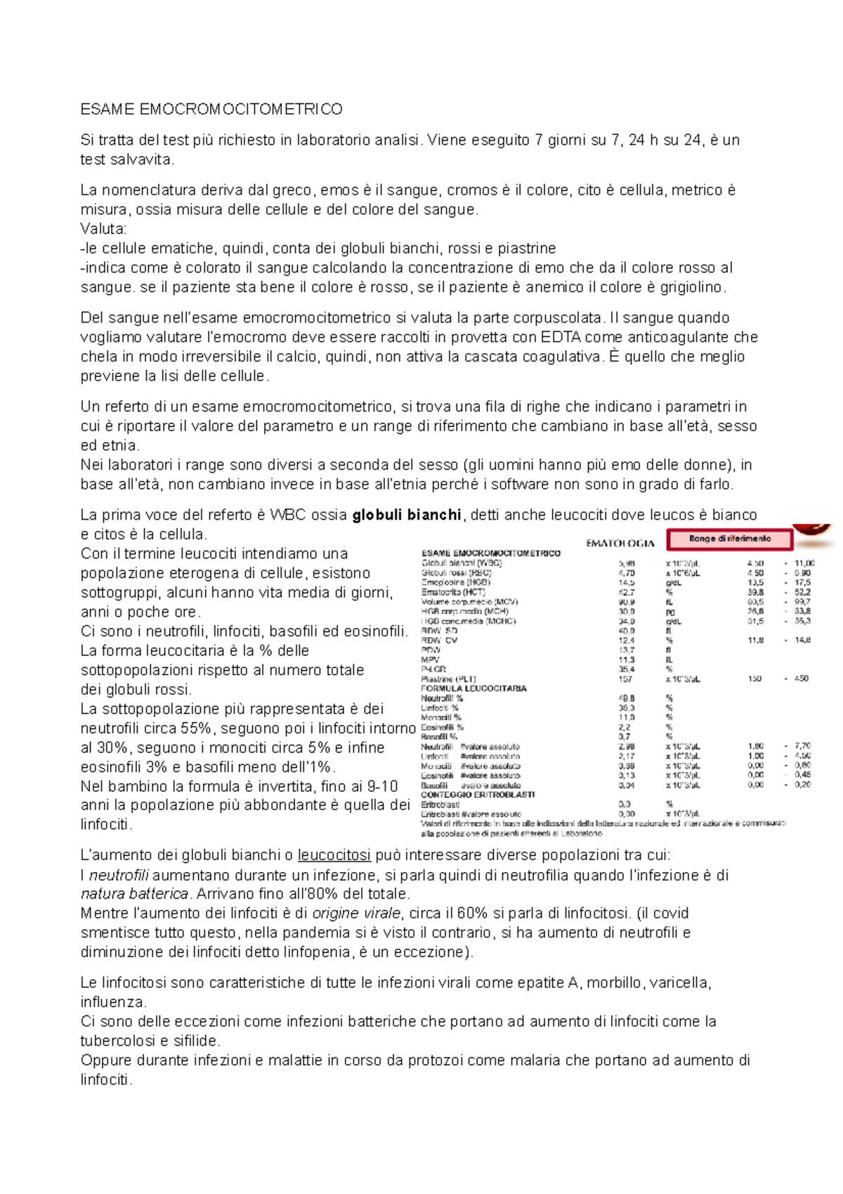 Lezione 9 - appunti delle lezioni - ESAME EMOCROMOCITOMETRICO Si tratta ...