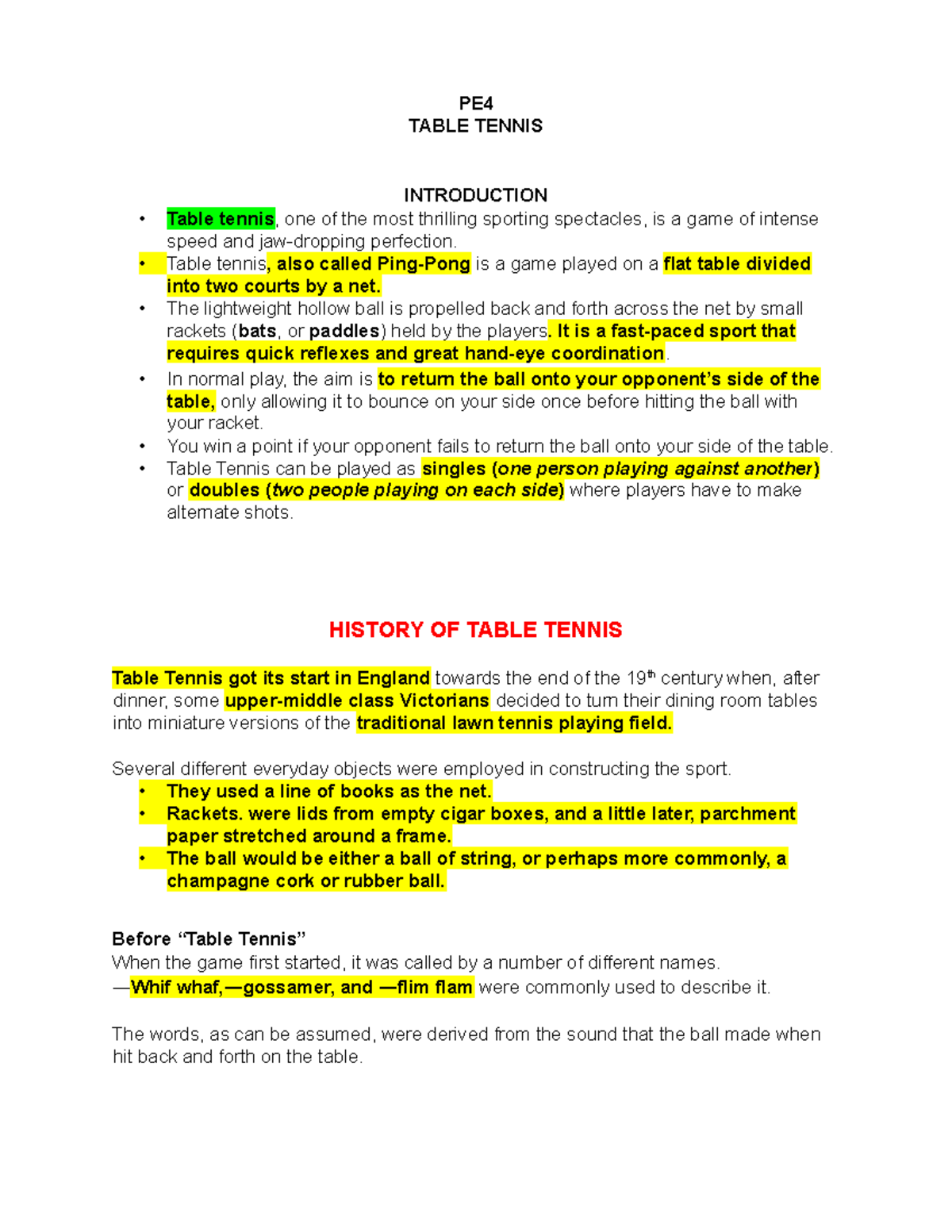PE4 Table- Tennis-Reviewer - PE TABLE TENNIS INTRODUCTION Table tennis ...