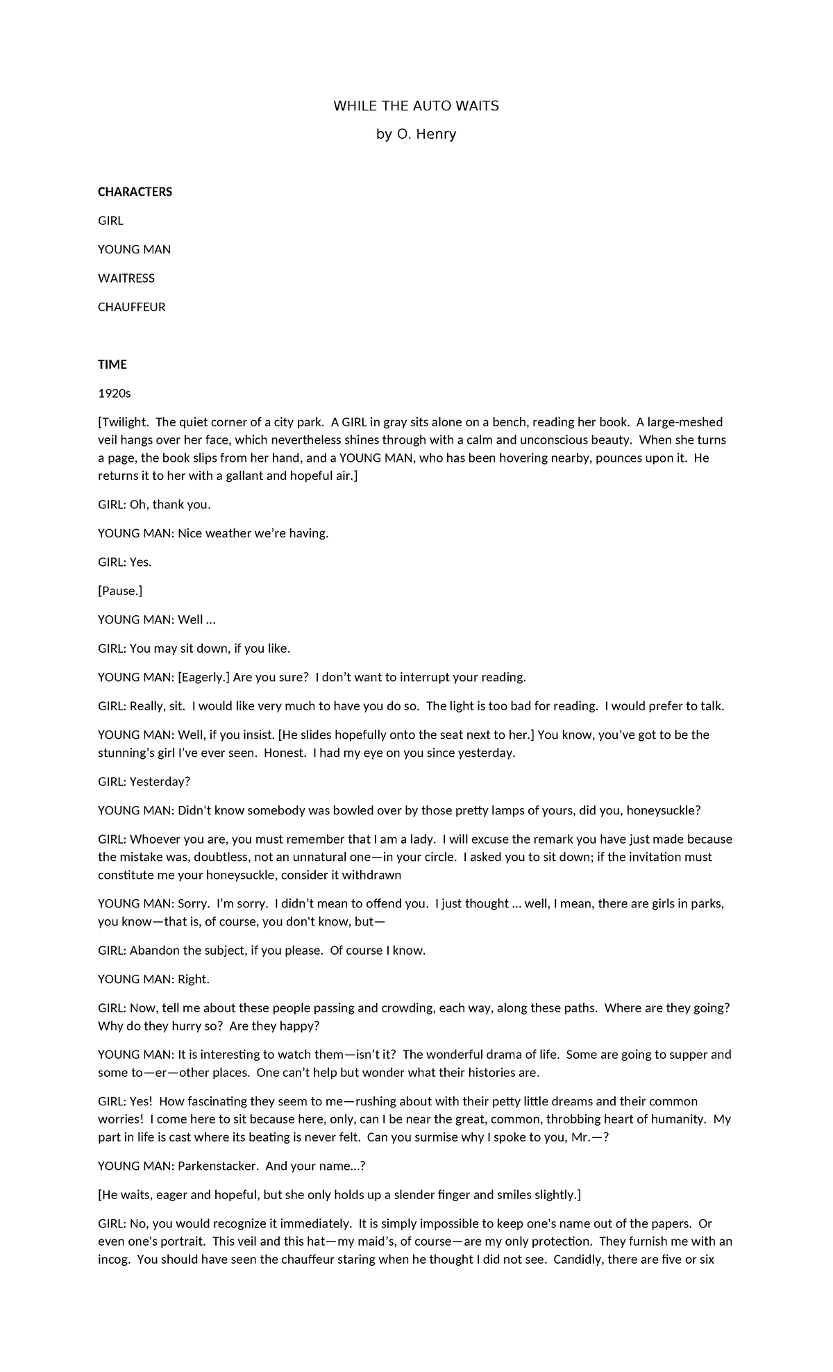 While THE AUTO Waits - DOC 1 - WHILE THE AUTO WAITS by O. Henry ...