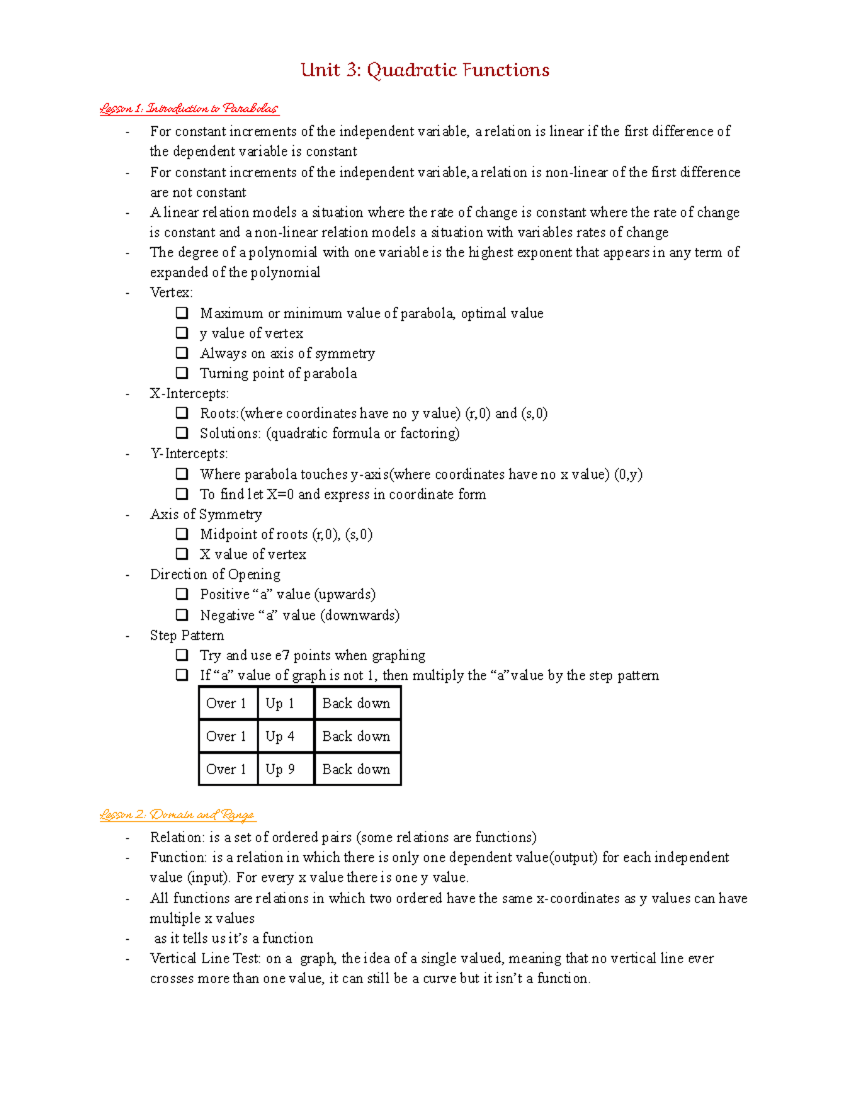 Unit 3 Quadratic Functions - Unit 3: Quadratic Functions Lesson 1 ...