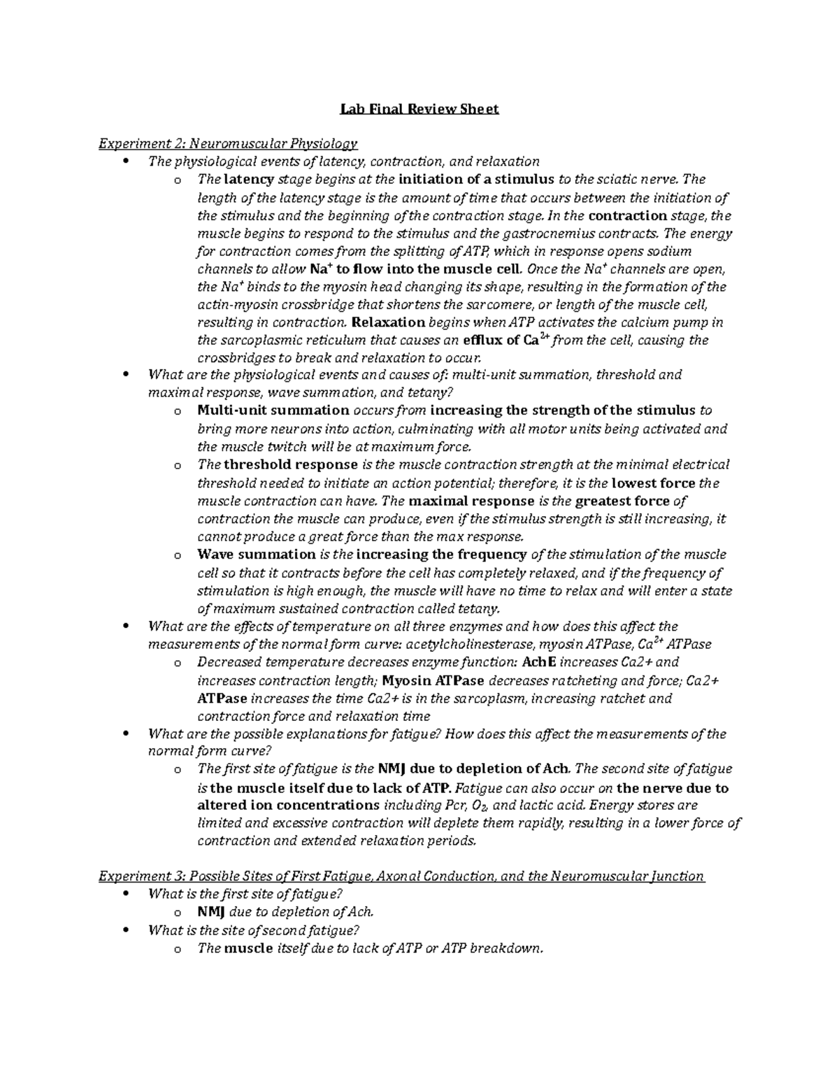 Lab Final Content - Lab Final Review Sheet Experiment 2: Neuromuscular ...