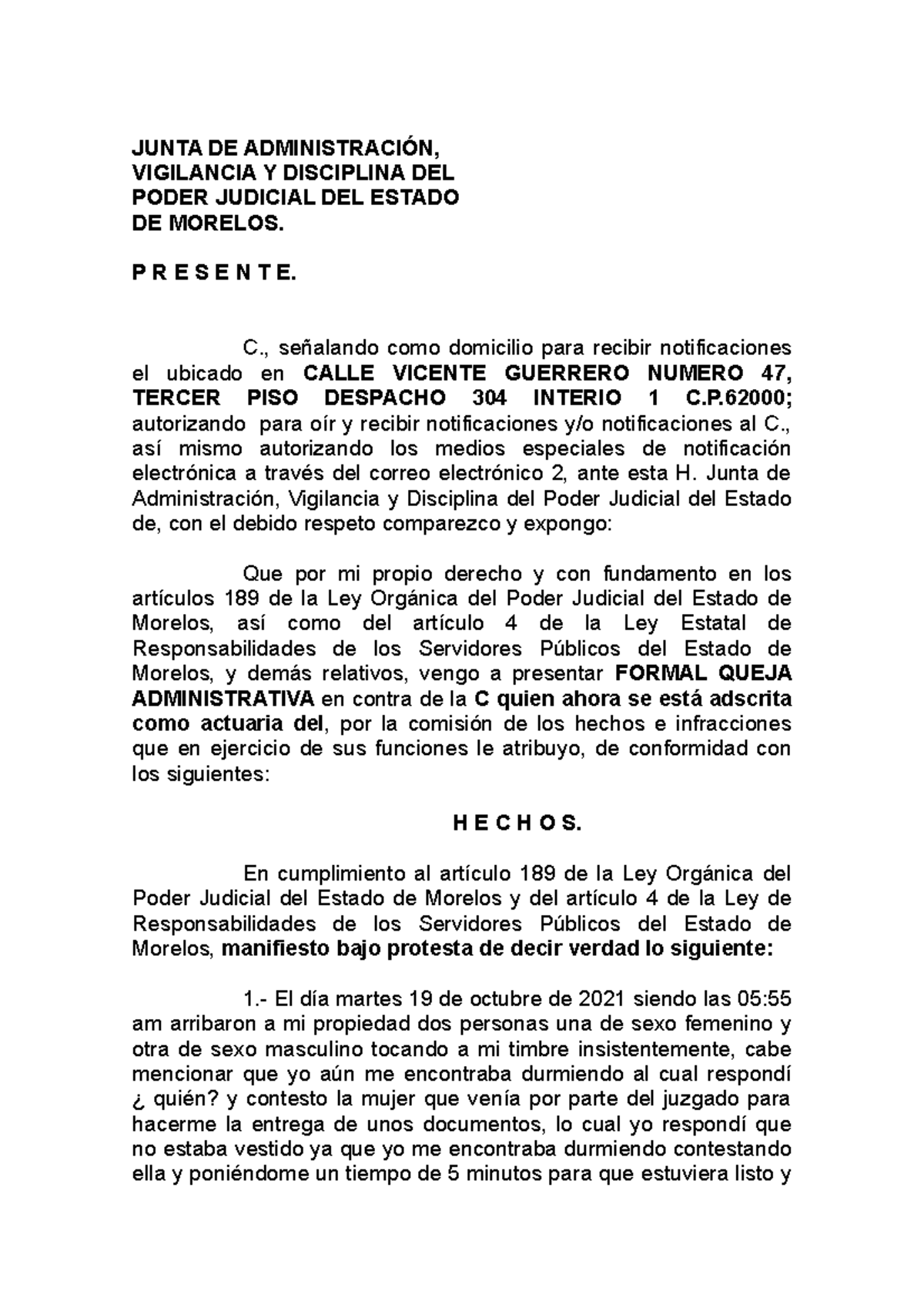 Queja administrativa - JUNTA DE ADMINISTRACIÓN, VIGILANCIA Y DISCIPLINA ...