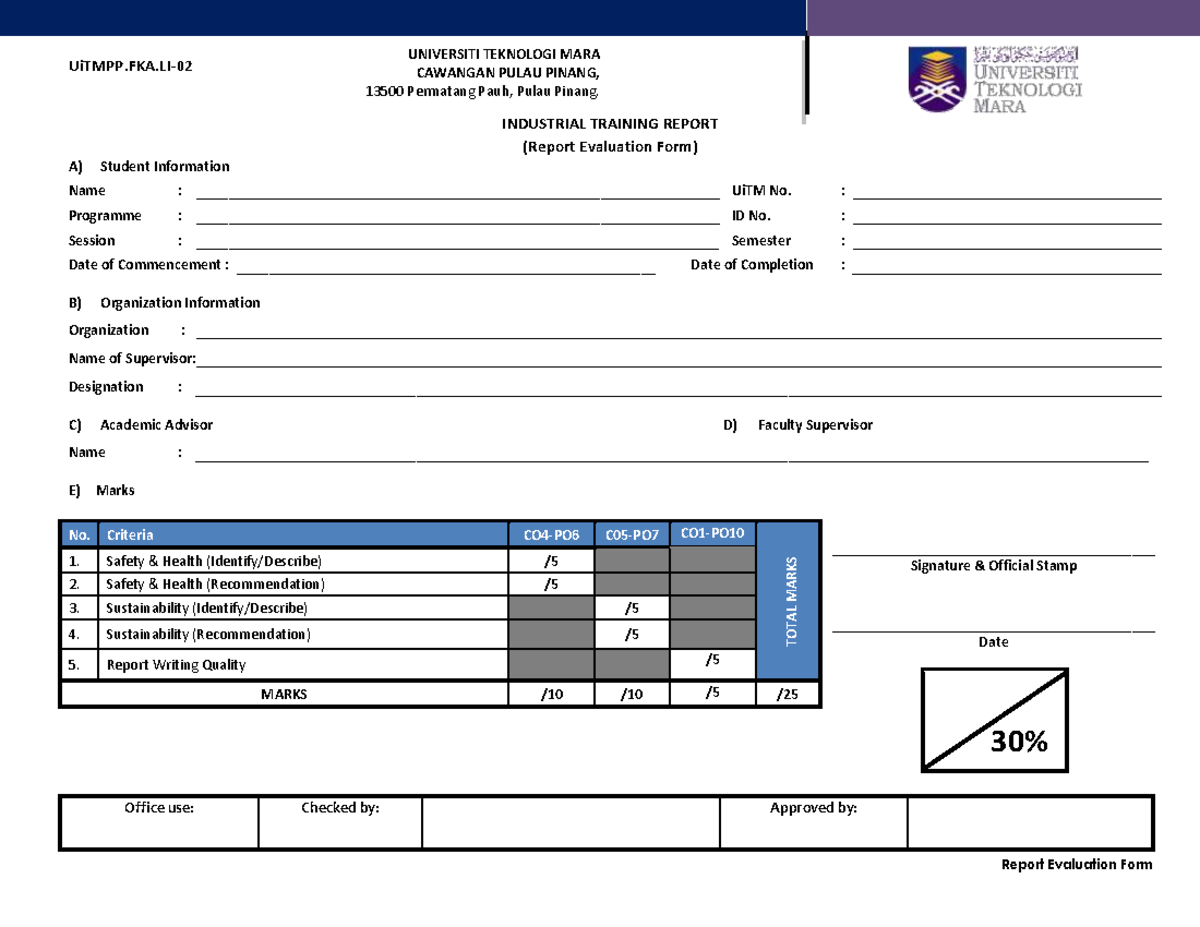 Ui TMPP.FKA.LI-02 - Report evaluation Form (30%) - UiTMPP.FKA- Report ...