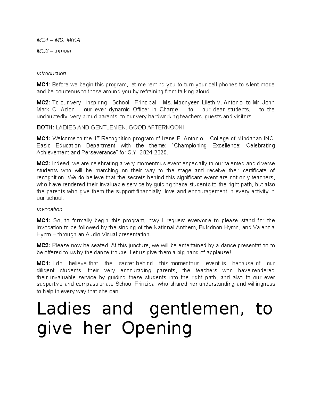 Recognition Script - MC1 – MS. MIKA MC2 – Jimuel Introduction: MC1 ...