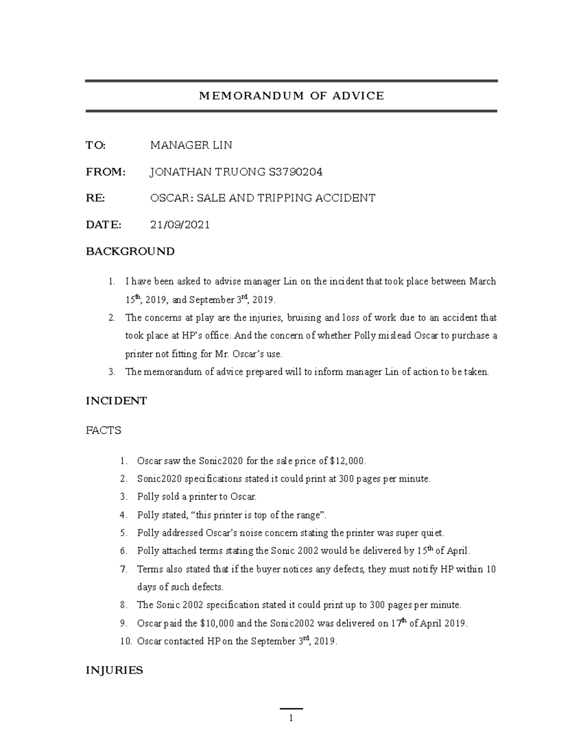 Memorandum of Advice assessment - LAW2442 - RMIT University - Studocu
