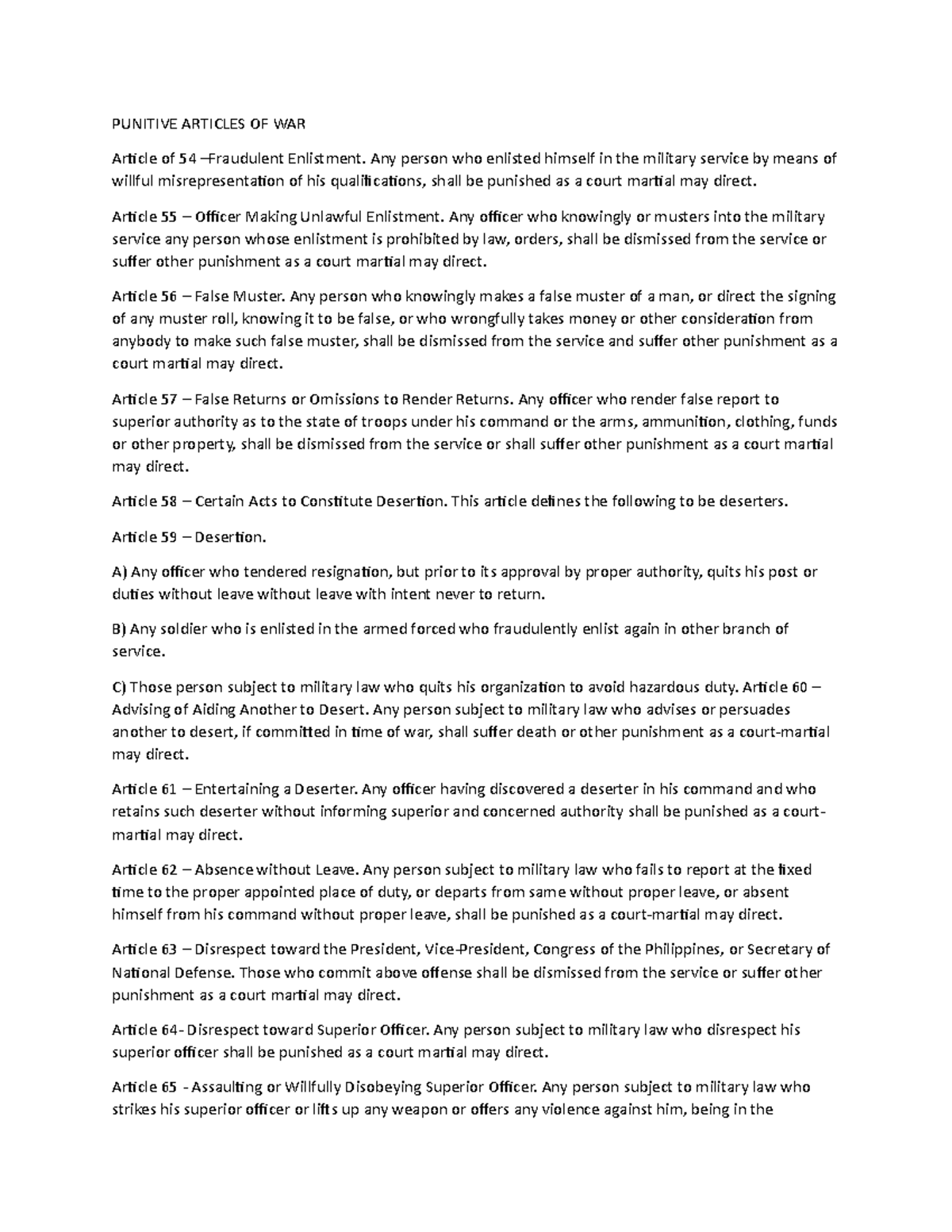 Punitive AW - PUNITIVE ARTICLES OF WAR Article of 54 –Fraudulent ...